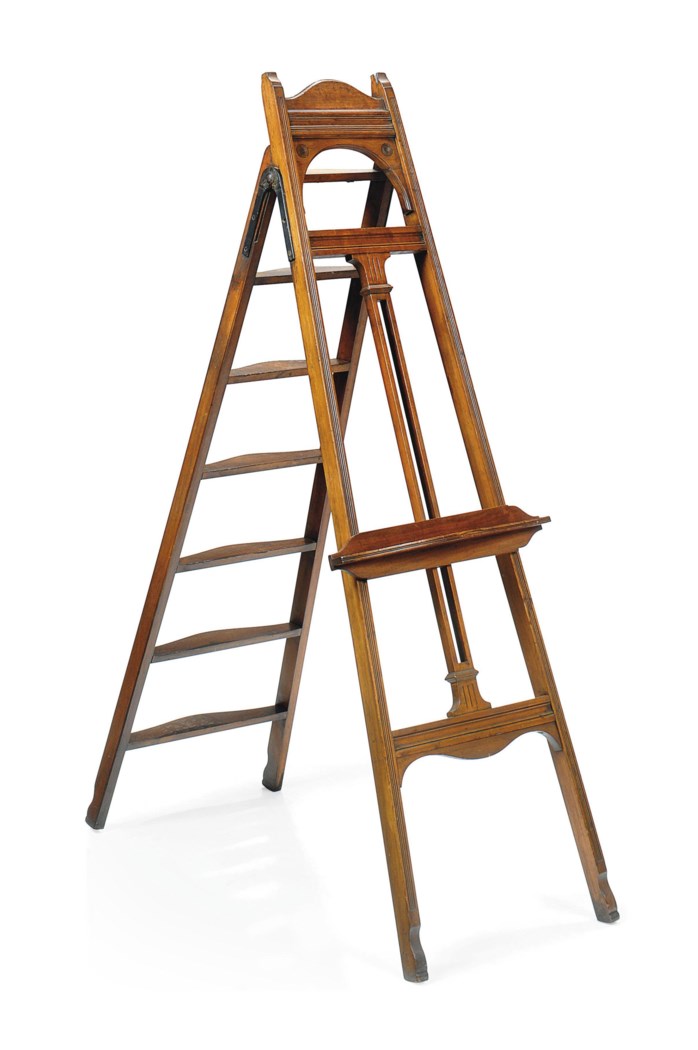 A LATE VICTORIAN MAHOGANY COMBINED EASEL AND LIBRARY STEP LADDER , BY ...