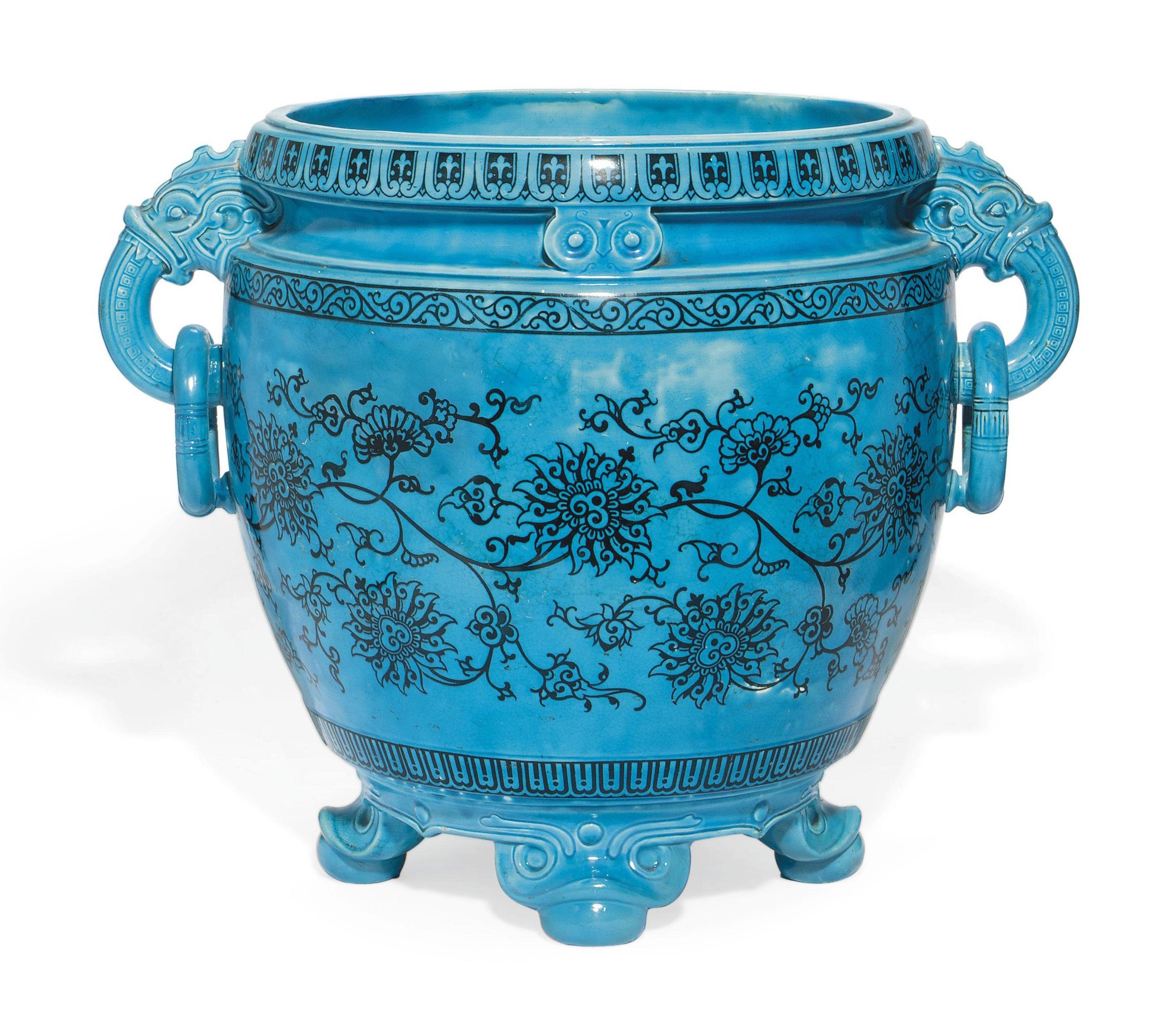 A MINTON MAJOLICA TURQUOISE-GROUND JARDINIERE , YEAR CYPHER FOR 1876 ...