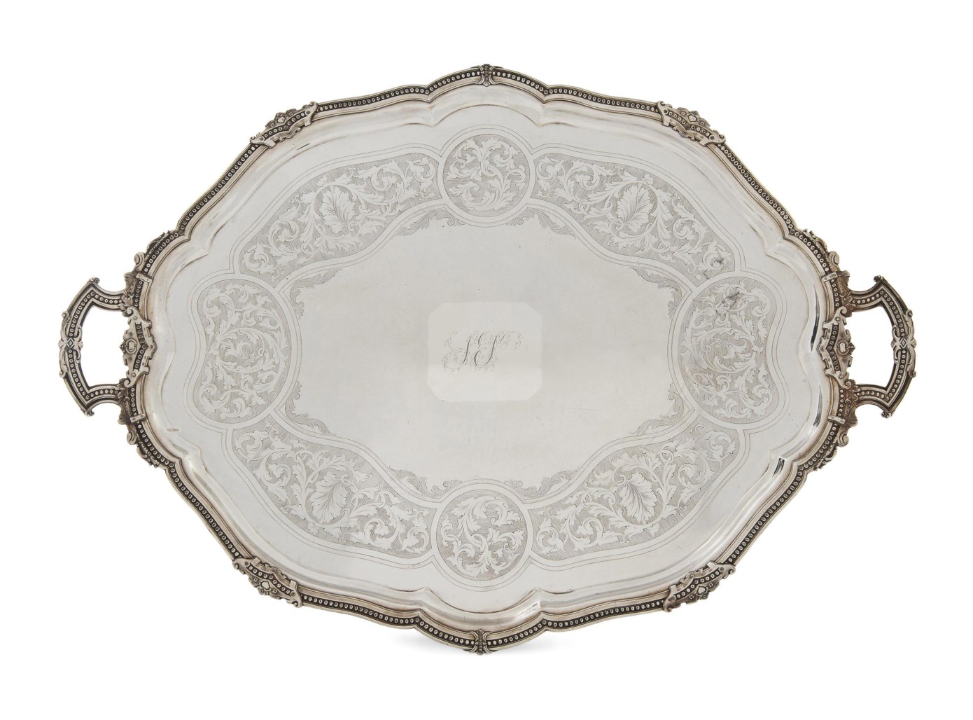 A LARGE TRANSITIONAL PERIOD OLD SHEFFIELD PLATE TWO-HANDLED TRAY , MARK ...