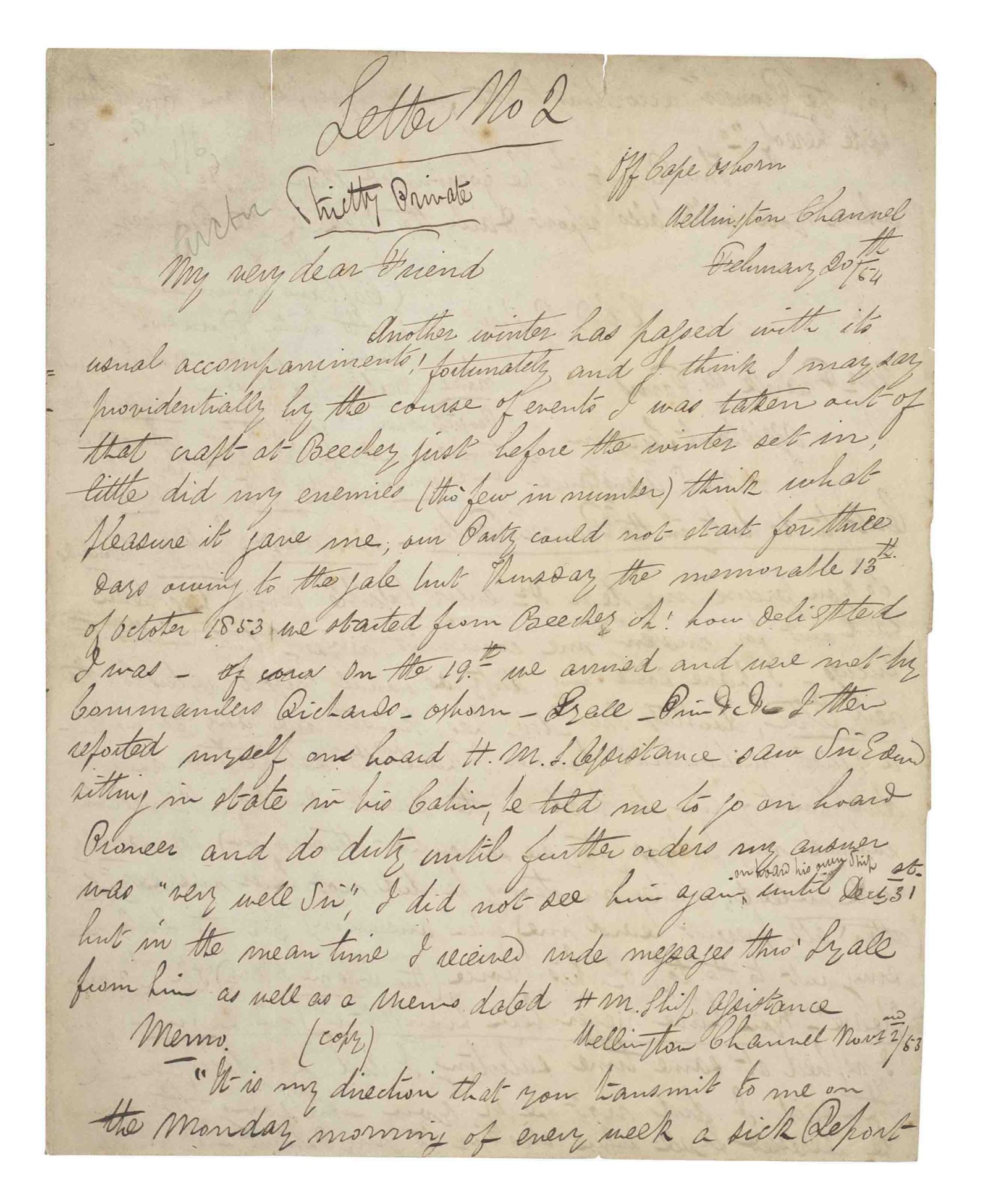 [BELCHER, Sir Edward (1799-1877)]. Autograph letter signed by Frank ...