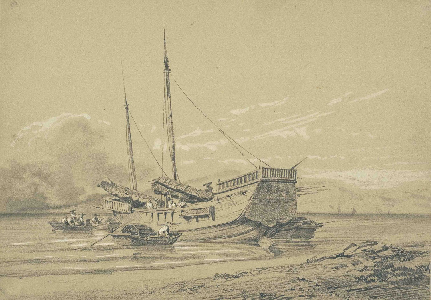 Auguste Borget (1809-1877) , China - seven sketches: 'Entre Chi-noy et ...