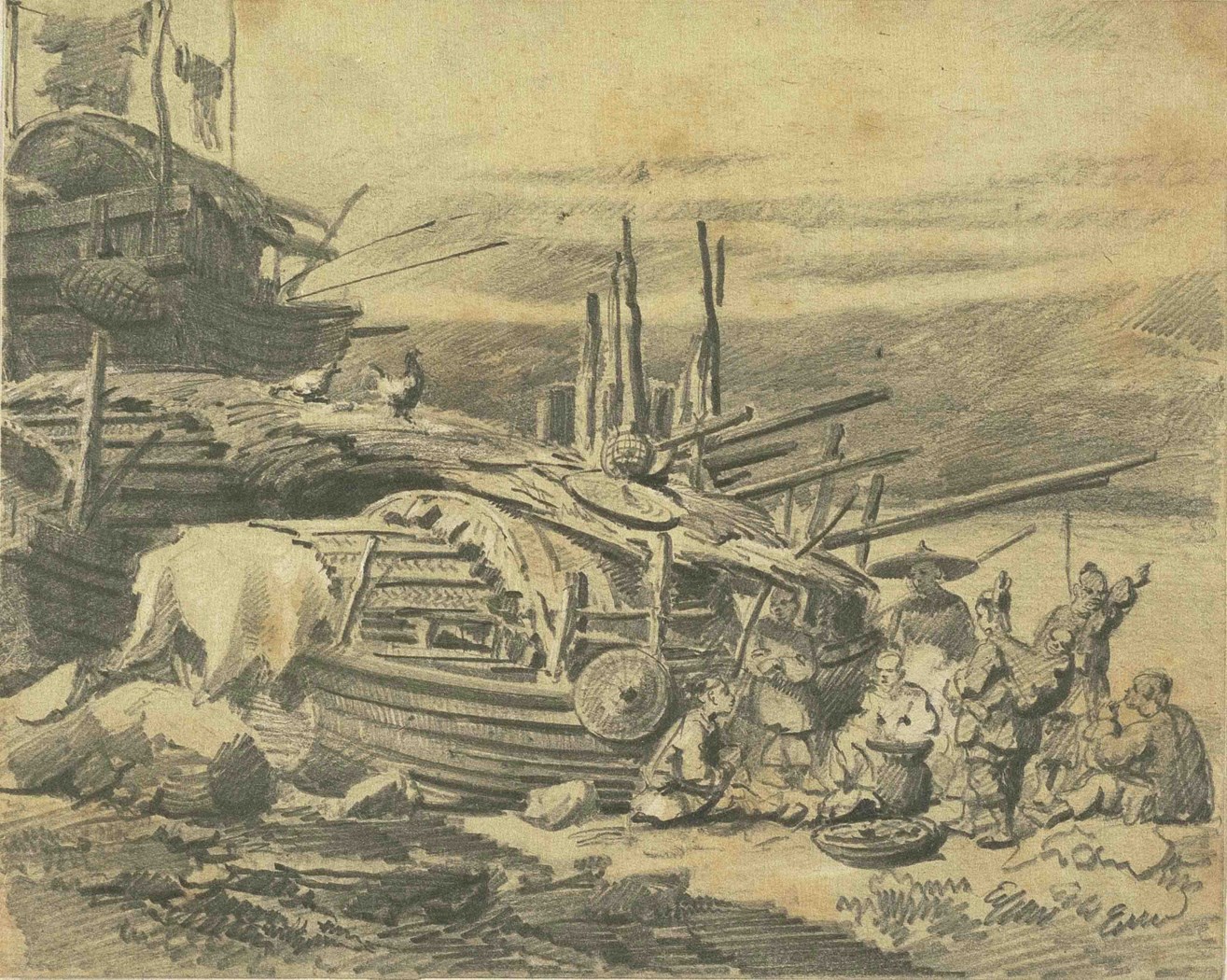 Auguste Borget (1809-1877) , Macao - three sketches of Tanka boat ...