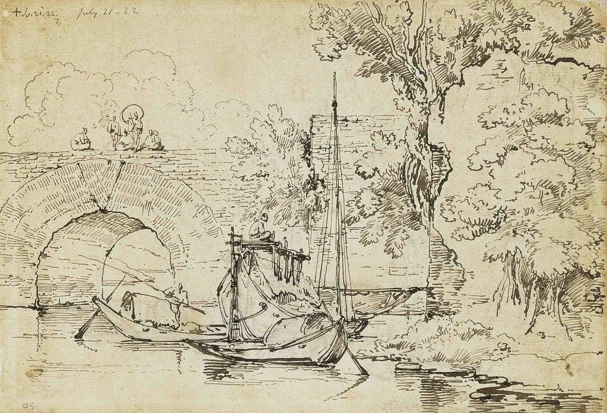George Chinnery (1774-1852) , Native boats near a bridge, India (recto ...
