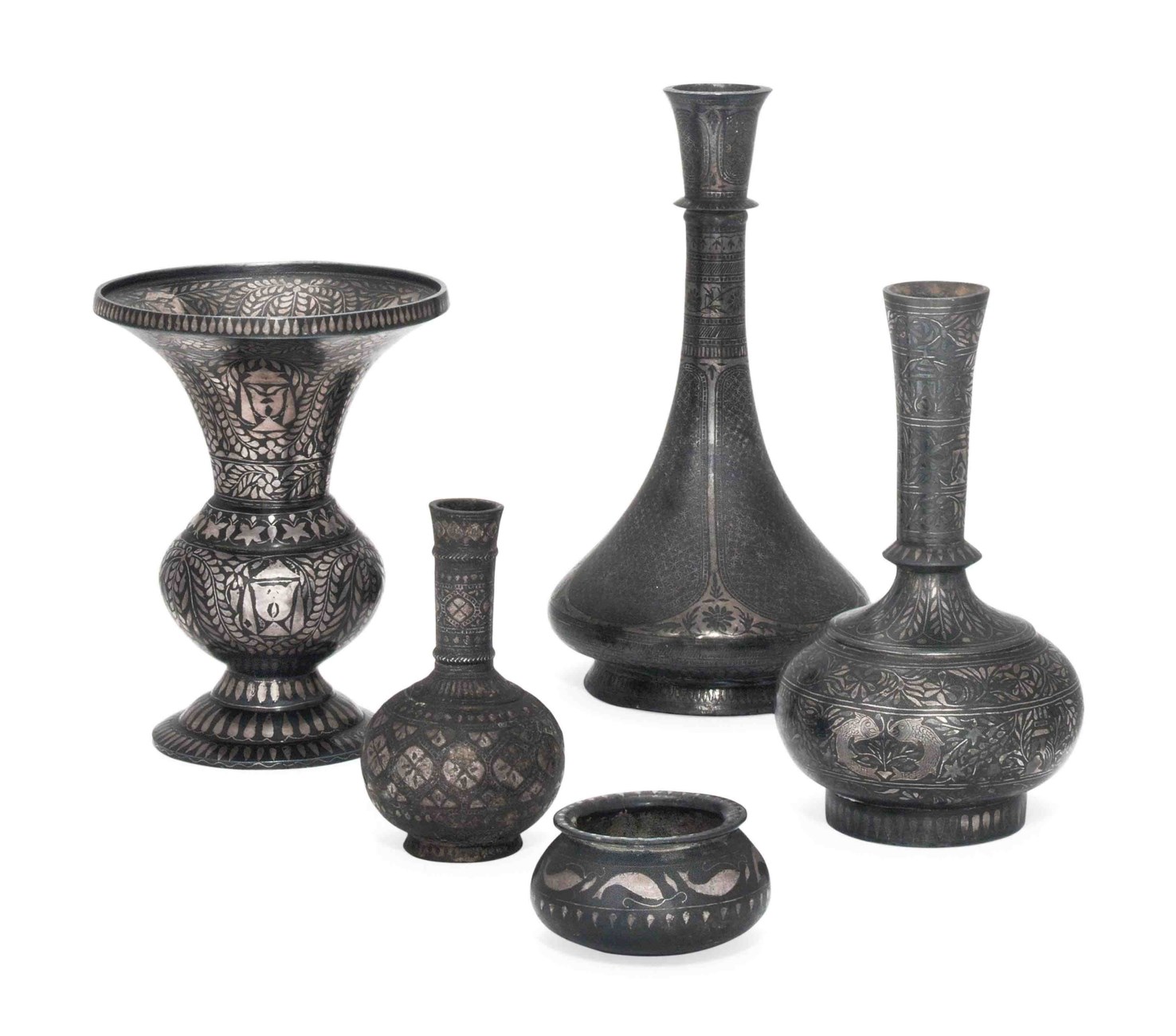FIVE SILVER-INLAID BIDRI VESSELS , DECCAN, INDIA, 19TH CENTURY | Christie's