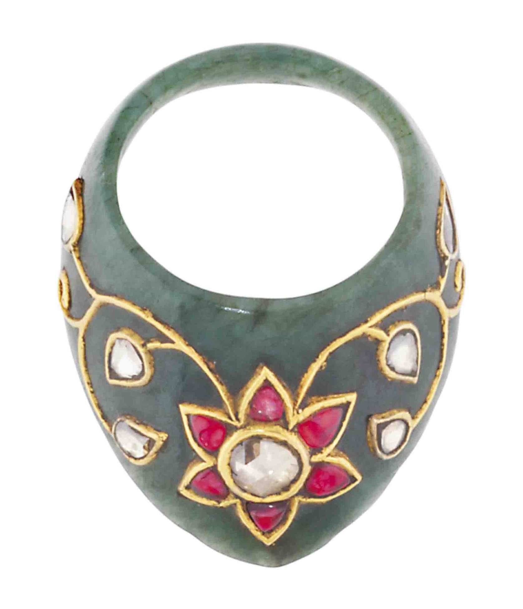 A DIAMOND-INSET SPINACH JADE ARCHERY RING , NORTH INDIA OR DECCAN, 19TH ...