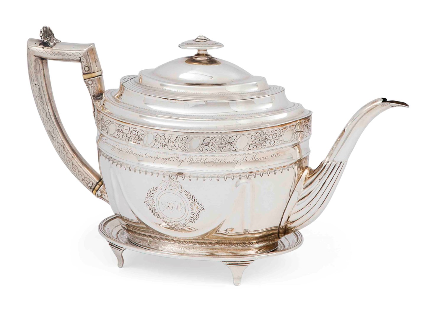 A GEORGE III SILVER MILITARY PRIZE TEAPOT AND MATCHING SCOTTISH STAND ...