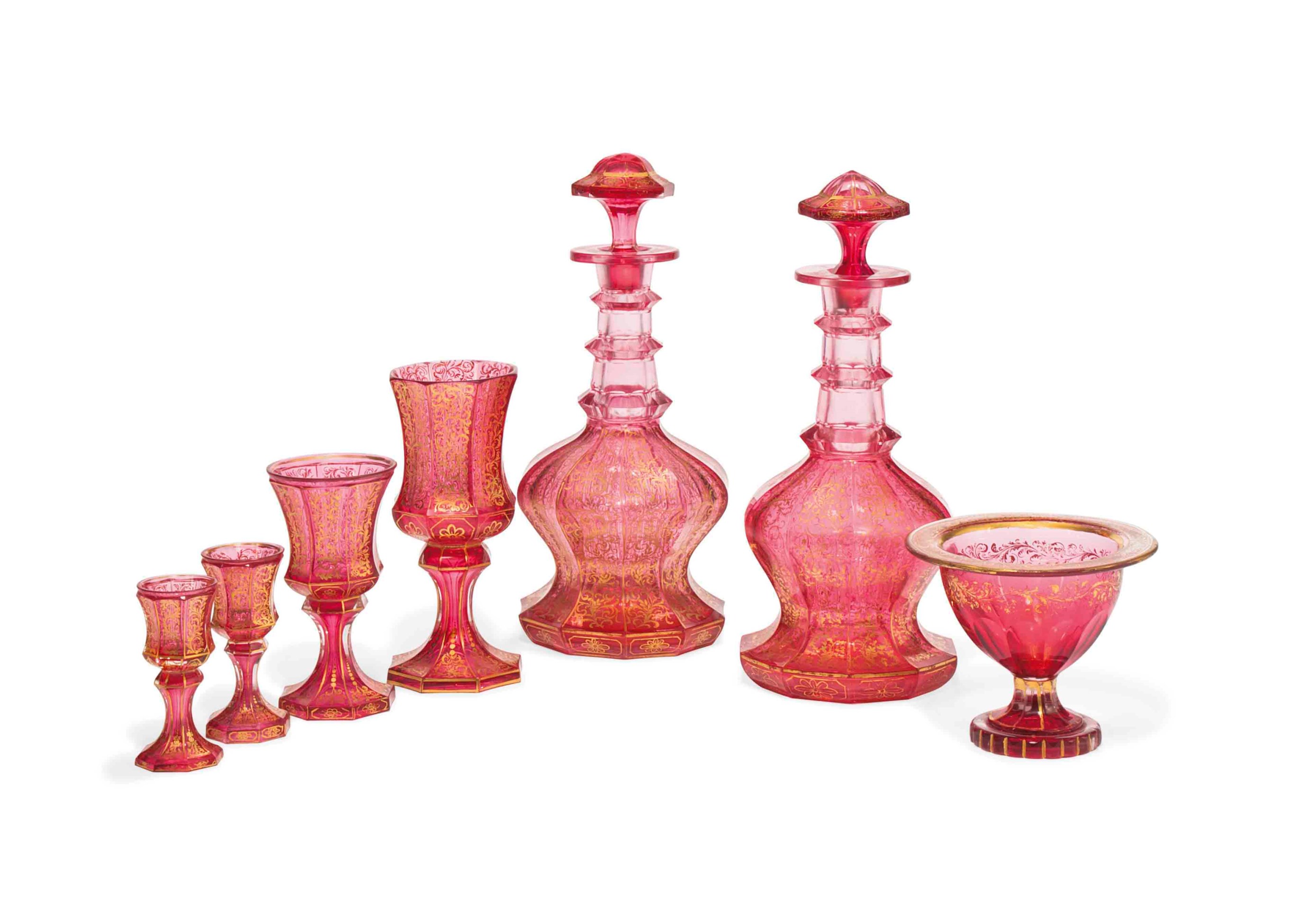 A PART SUITE OF CRANBERRY GLASSWARE , LATE 19TH CENTURY, BOHEMIAN ...
