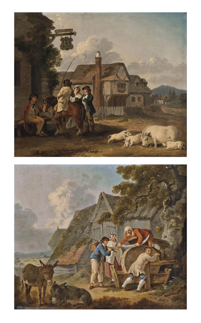 Peter Le Cave (fl. 1790-1810) , Figures outside an inn, with a sow and ...