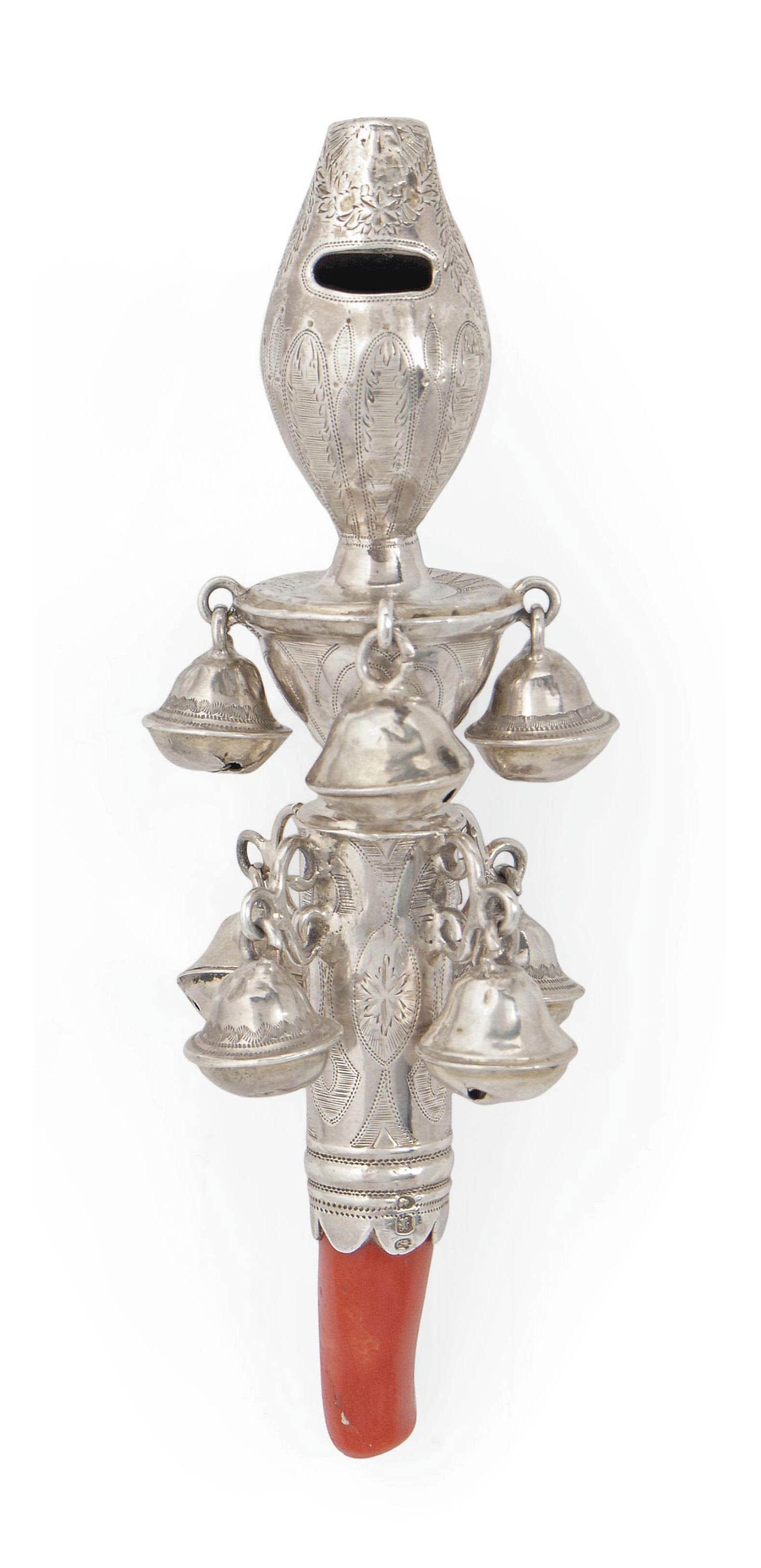 A SILVER AND CORAL RATTLE AND WHISTLE , UNMARKED EXCEPT FOR A LATER ...