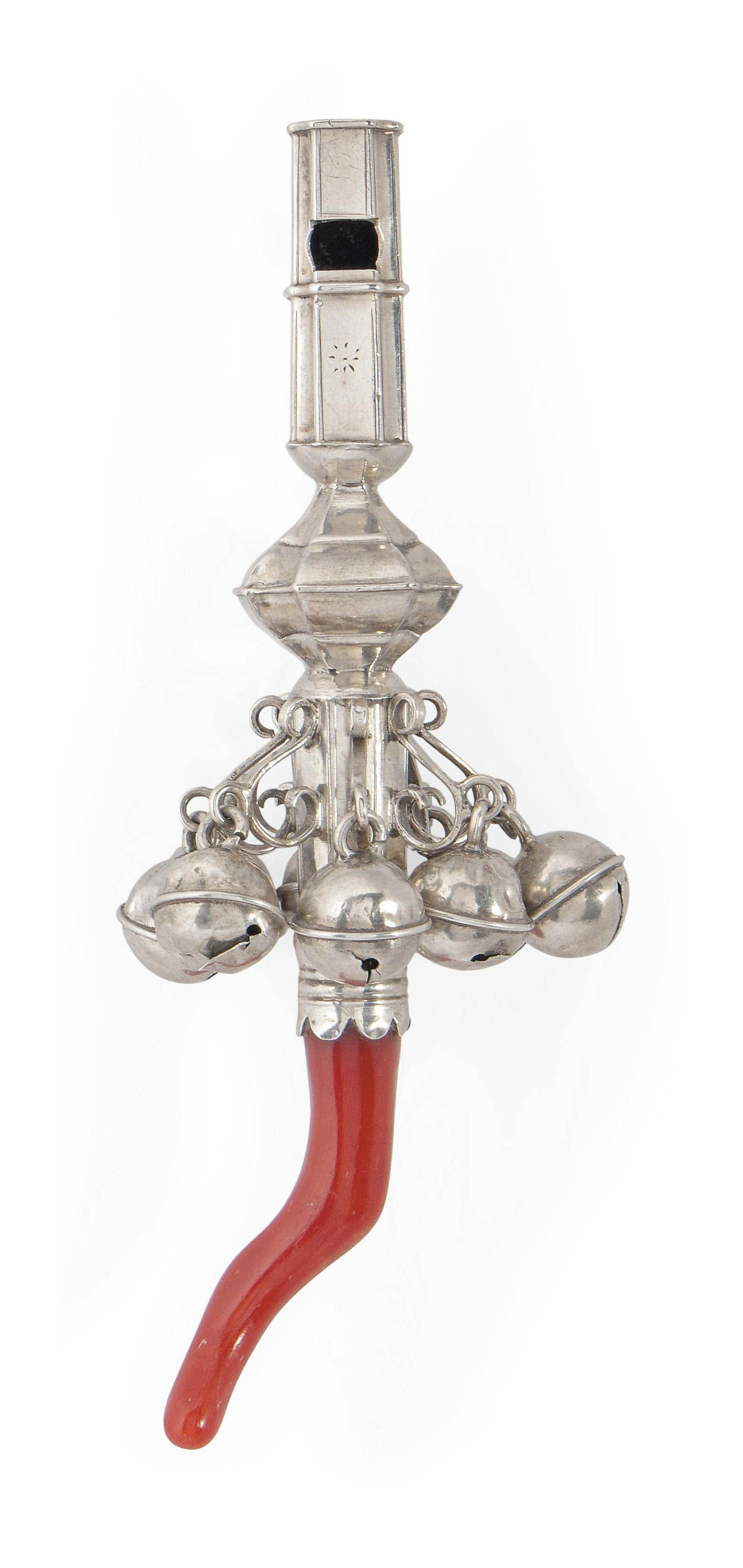 A SILVER AND CORAL RATTLE AND WHISTLE , UNMARKED EXCEPT FOR A LATER ...