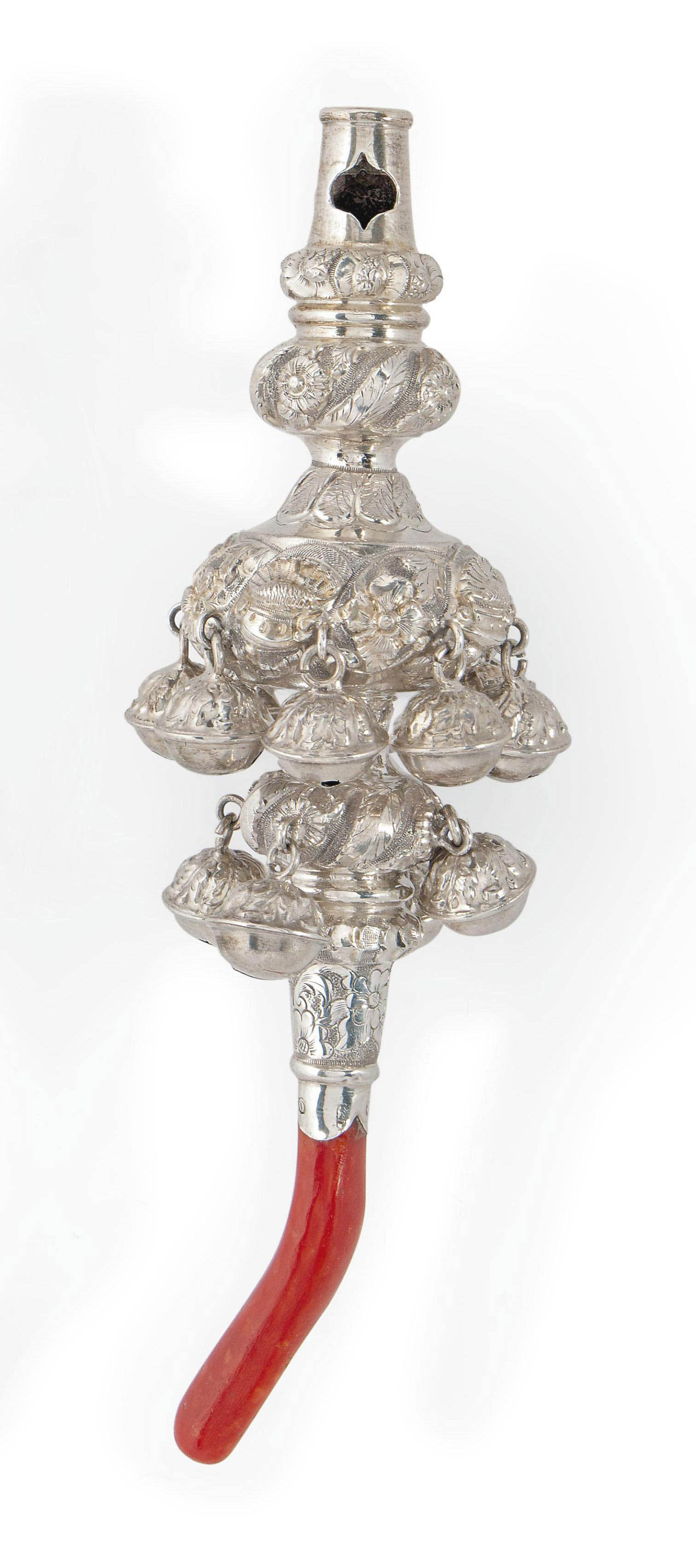A SILVER AND CORAL RATTLE AND WHISTLE , UNMARKED EXCEPT FOR A LATER ...