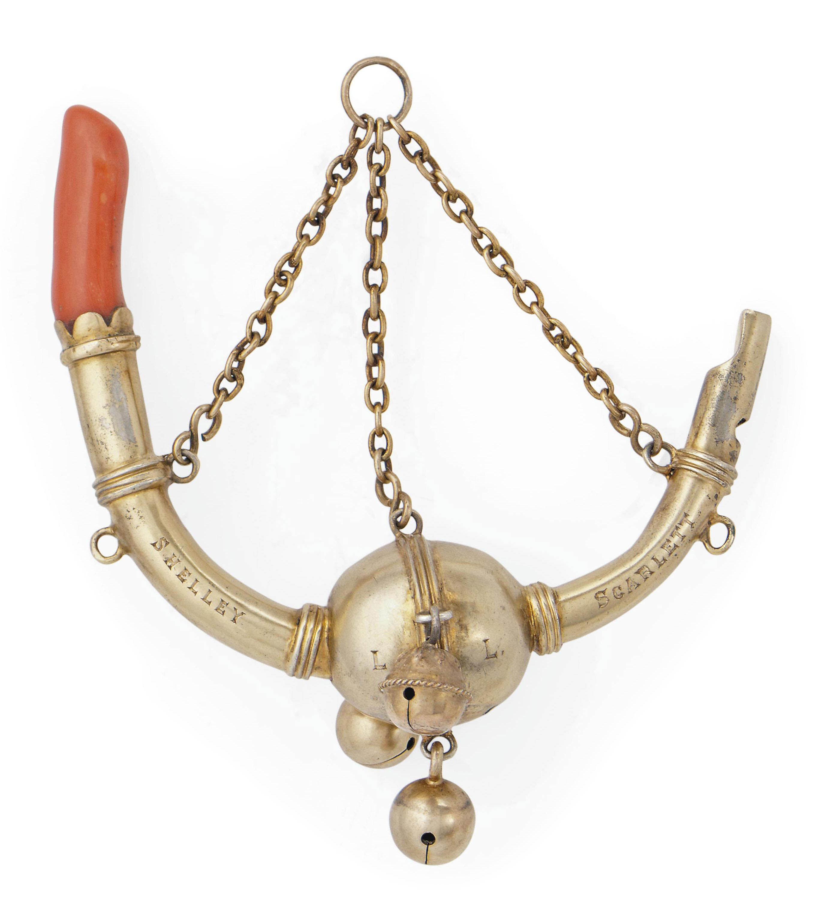 A SILVER AND CORAL RATTLE AND WHISTLE , UNMARKED EXCEPT FOR A LATER ...