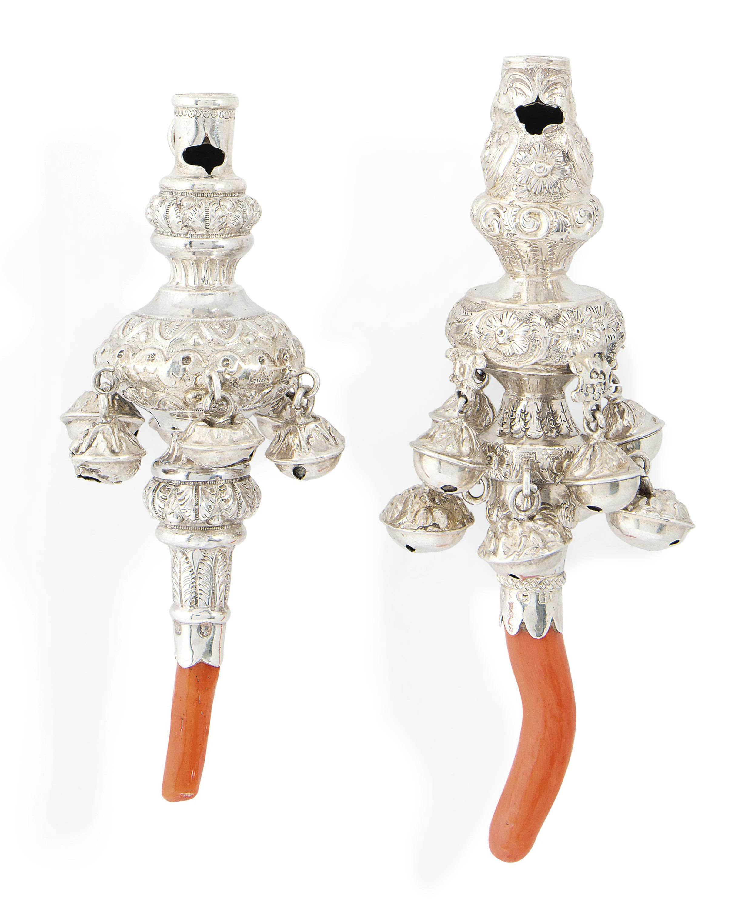 A SILVER AND CORAL RATTLE AND WHISTLE , UNMARKED EXCEPT FOR A LATER ...