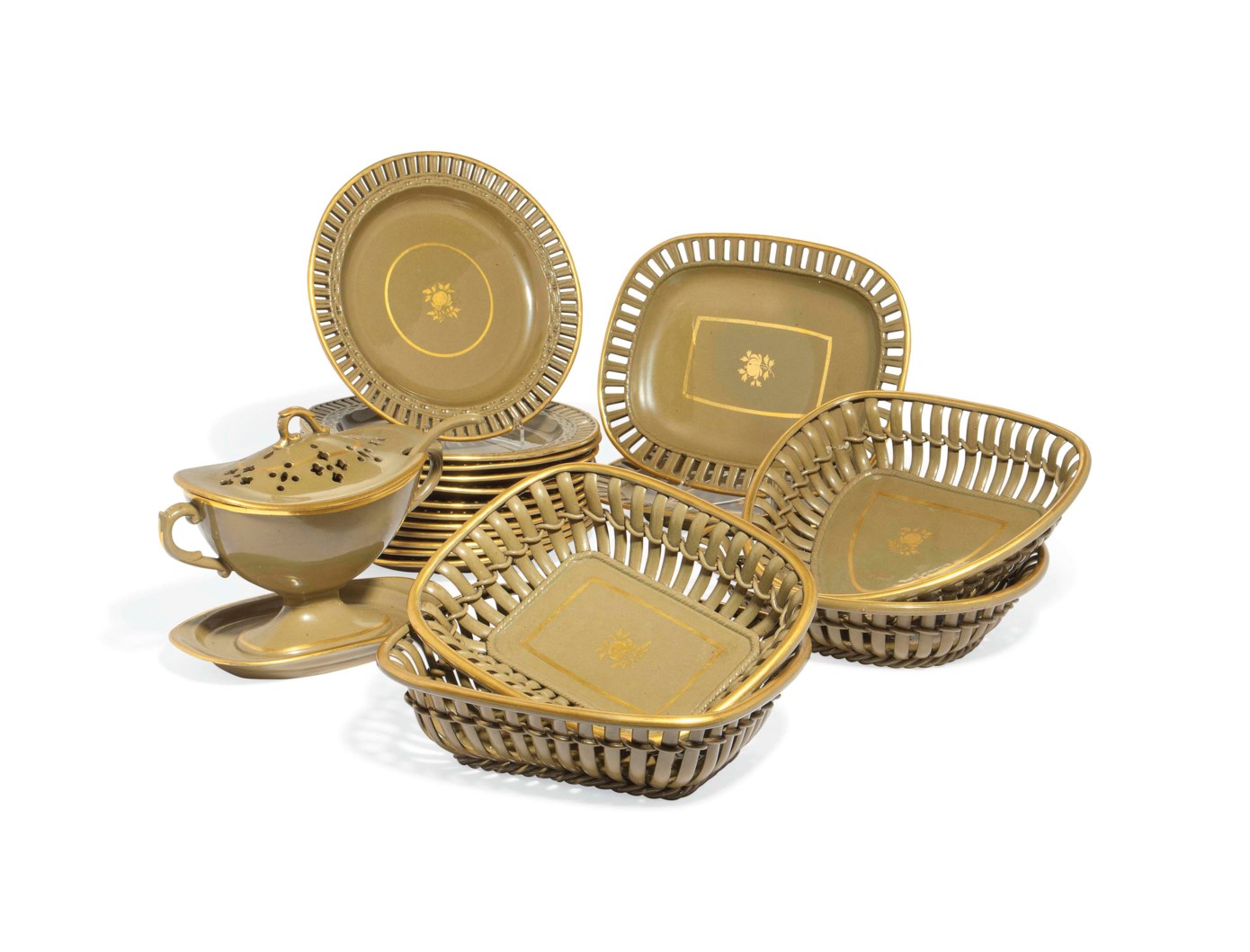 A THOMAS LAKIN POTTERY OLIVE-GREEN-GROUND PART DESSERT-SERVICE