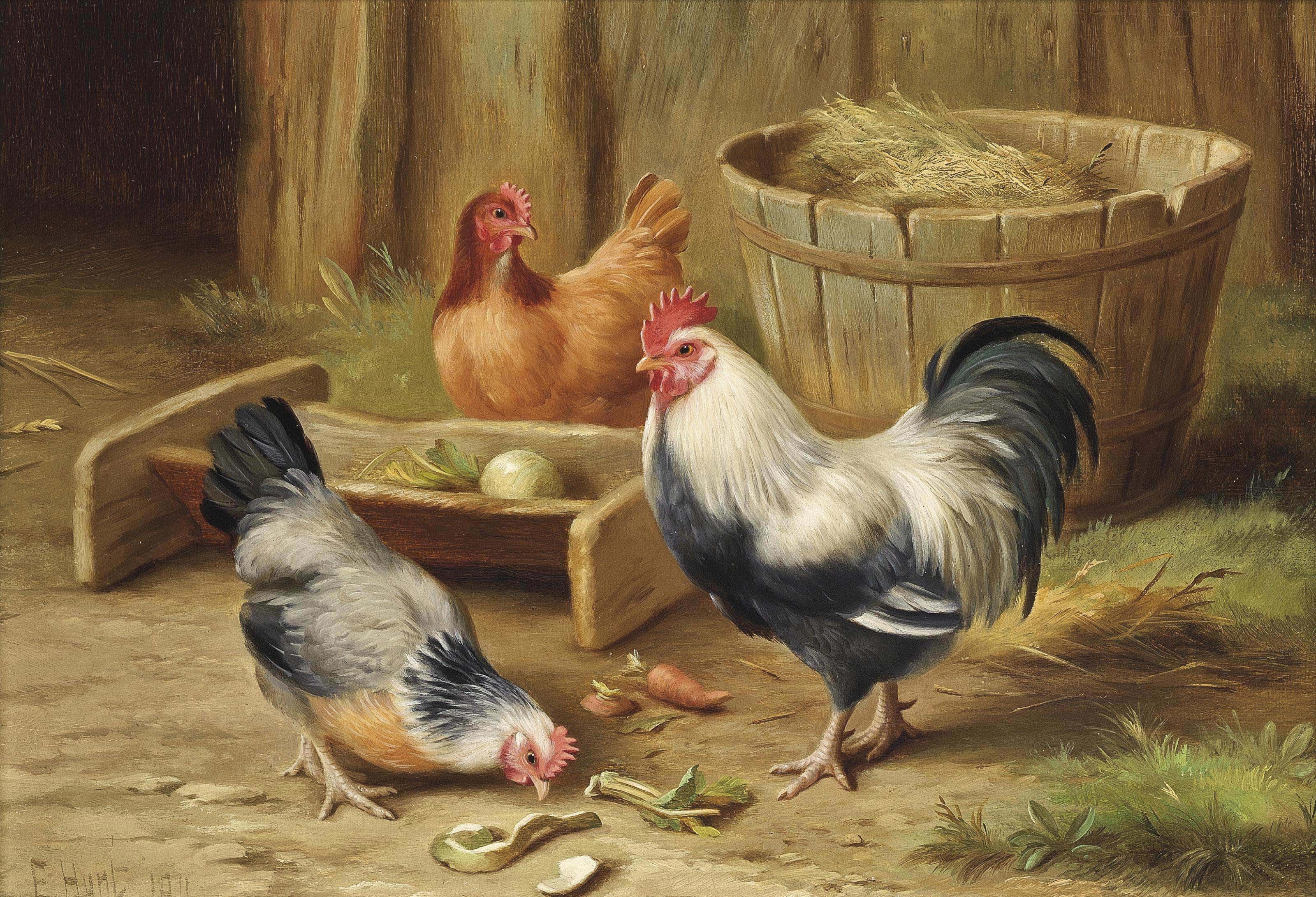 Edgar Hunt (1876-1953) , Chickens in a farmyard | Christie's