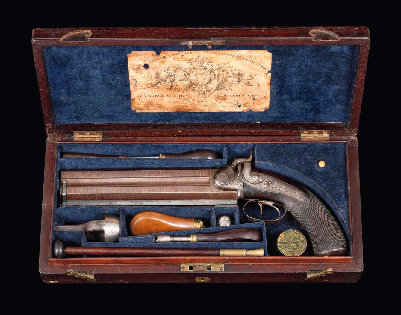 A CASED 16-BORE OVER-AND-UNDER PERCUSSION HOWDAH PISTOL , BY T.E ...