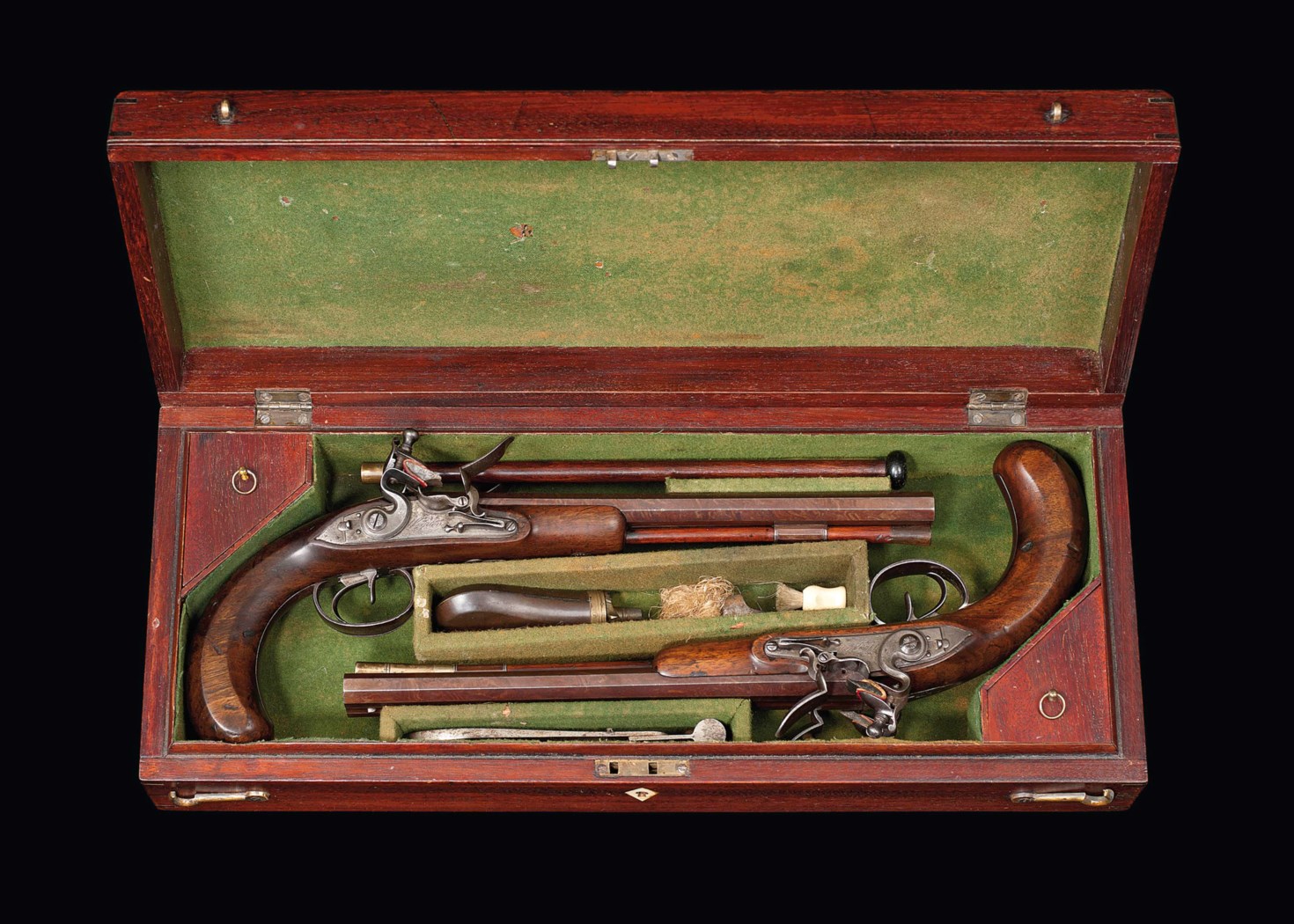 A CASED PAIR OF 40-BORE DOUBLE-BARRELLED FLINTLOCK PISTOLS