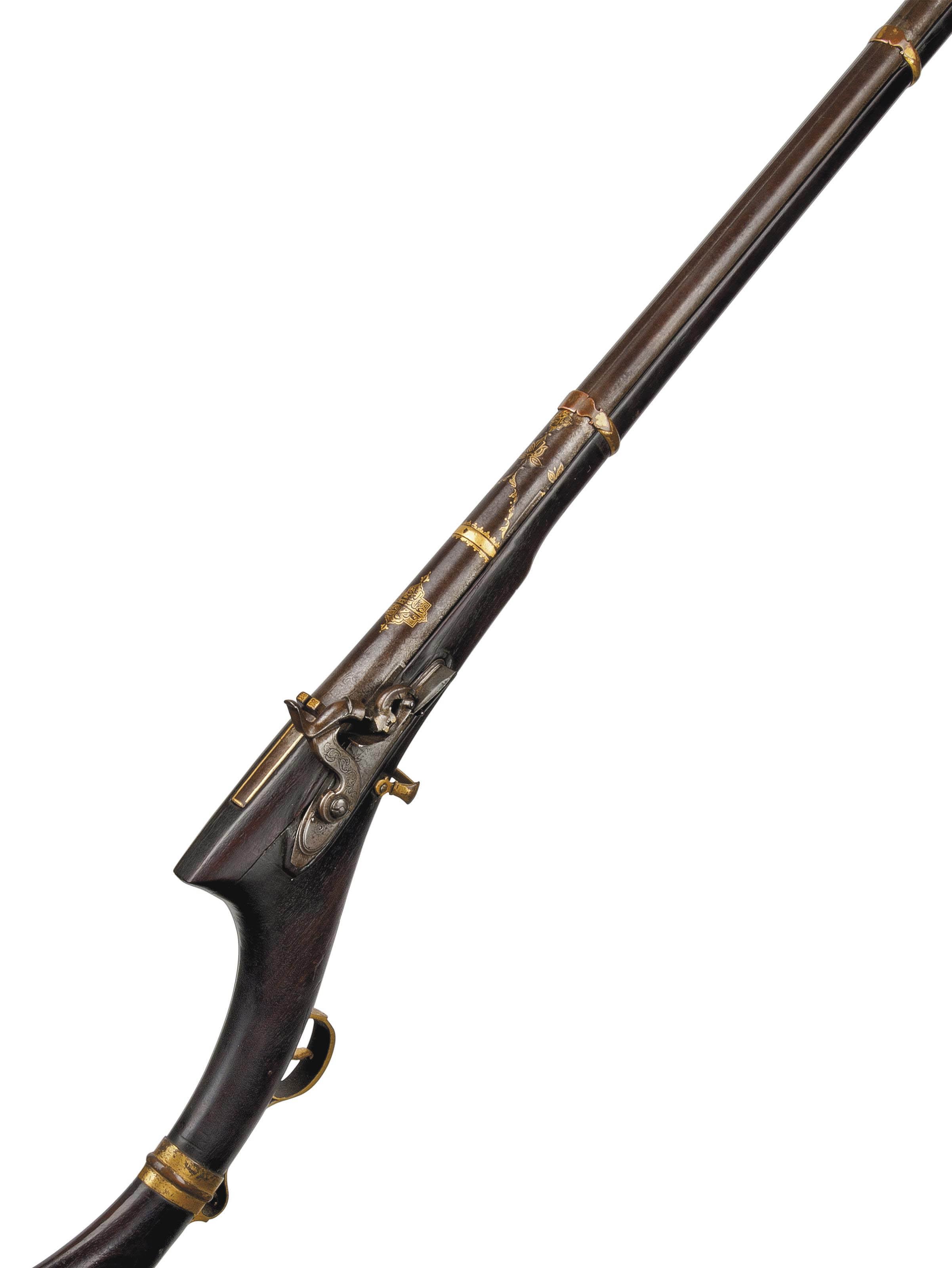 A FINE NORTH INDIAN (SCINDE) 30-BORE PERCUSSION JEZAIL WITH GOLD ...