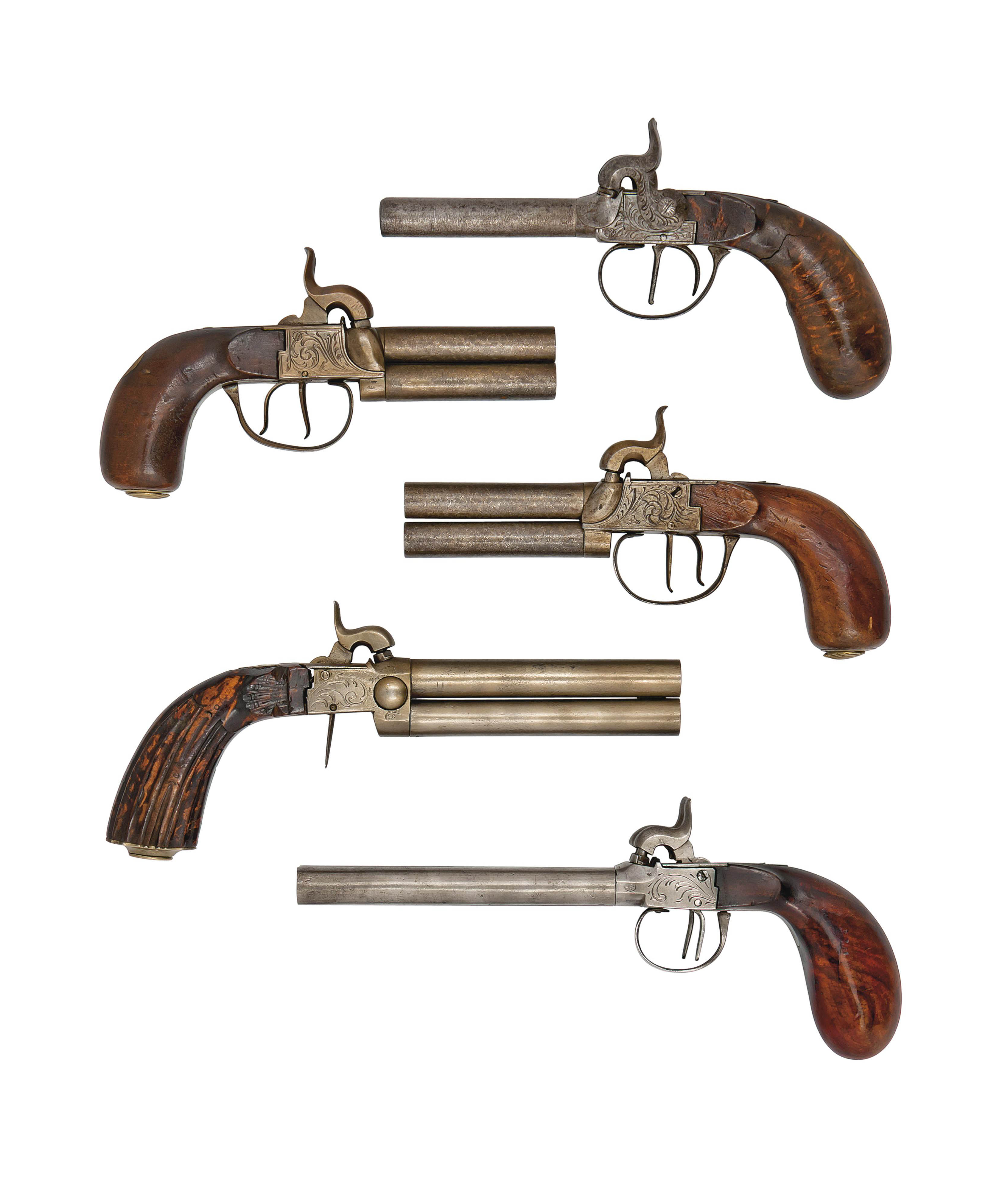 FIVE BELGIAN DOUBLE-BARRELLED PERCUSSION BOXLOCK PISTOLS