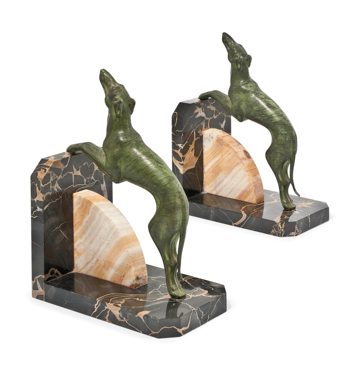 A PAIR OF LIMOUSIN COLD-PAINTED SPELTER 'GREYHOUND' BOOKENDS , CIRCA ...