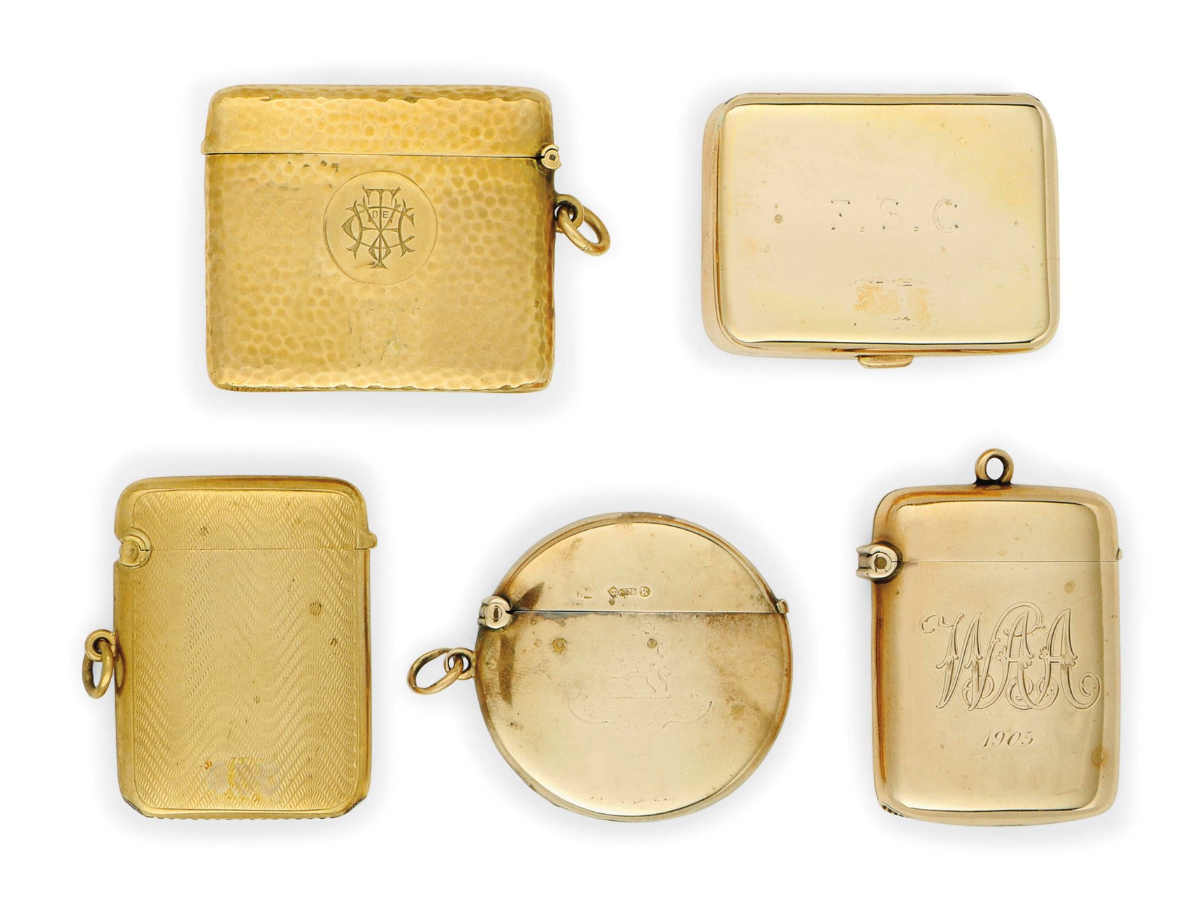 A GROUP OF FIVE GOLD VESTA CASES , VARIOUS DATES AND MAKERS, 1902/1922 ...