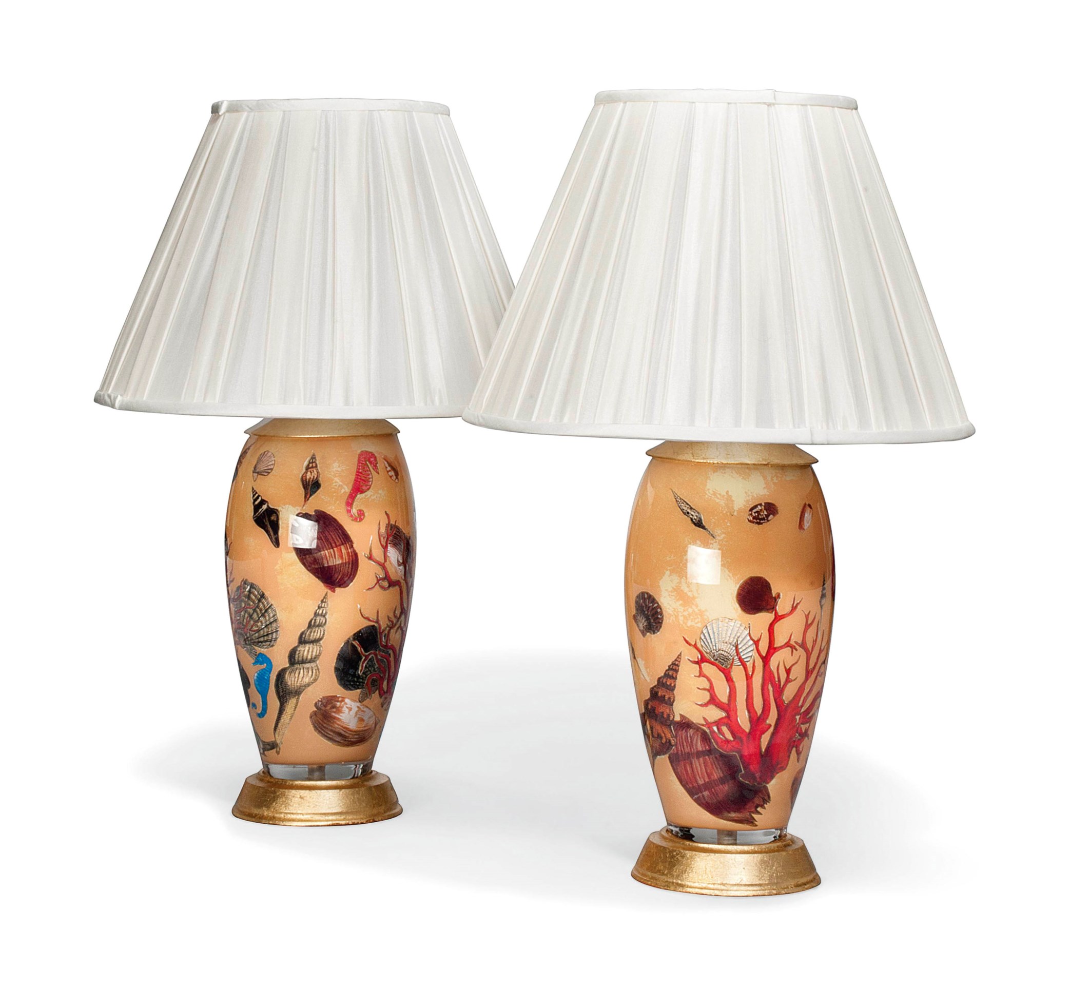 A PAIR OF GLASS DECALCOMANIA TABLE LAMPS , OF RECENT MANUFACTURE ...