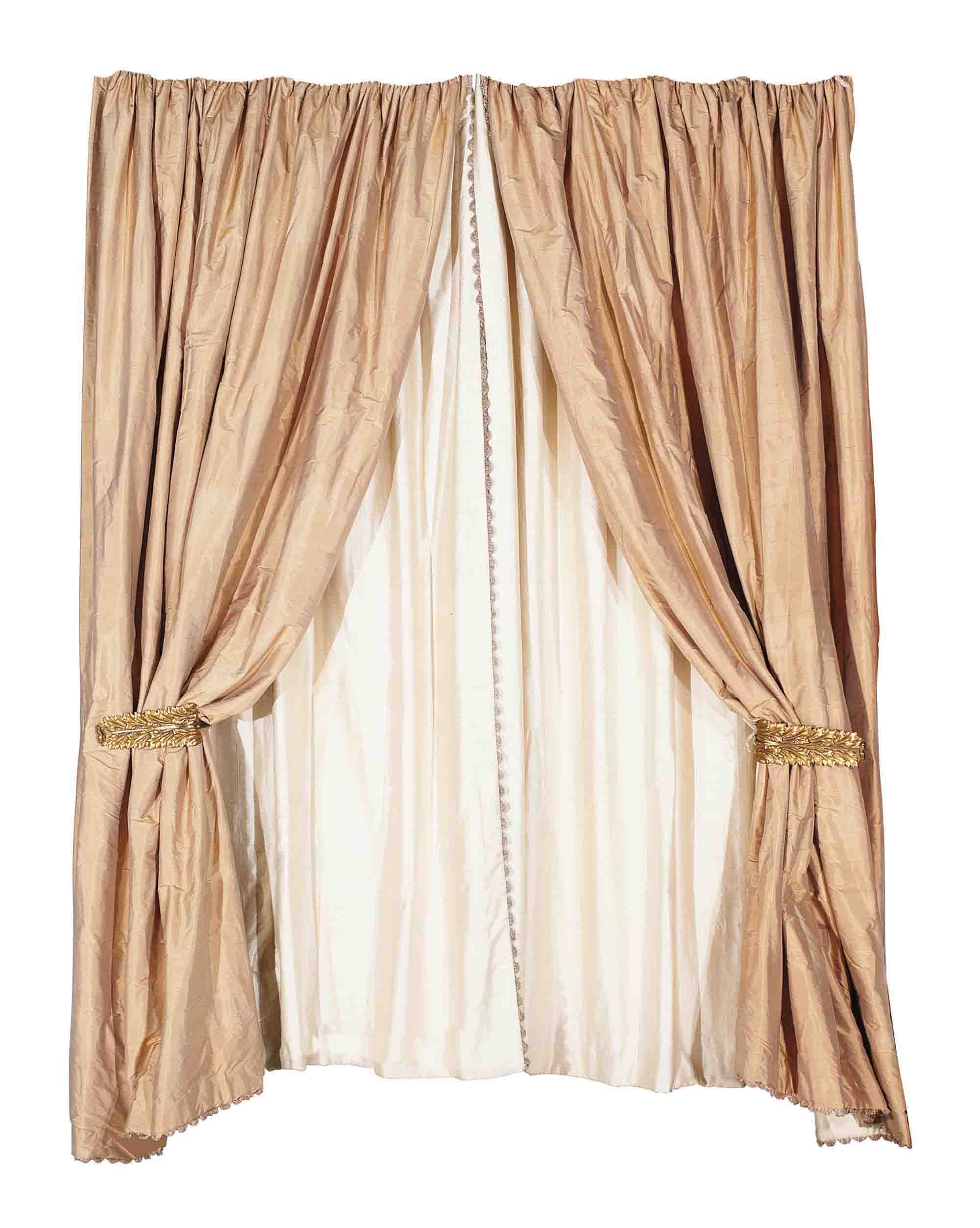 TWO PAIRS OF SILK CURTAINS WITH GILT TIE BACKS AND SILK SWAGGING
