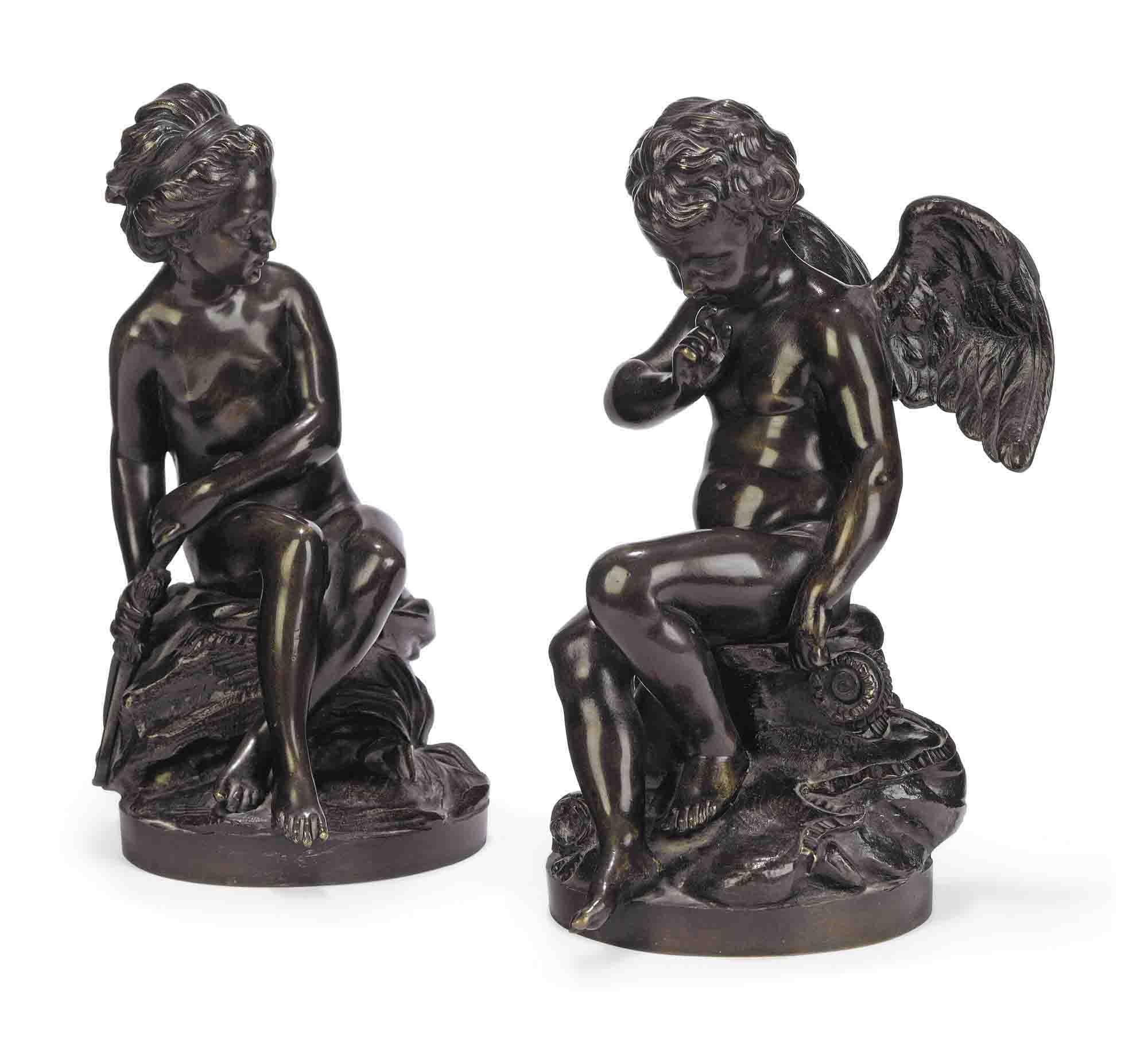A PAIR OF FRENCH BRONZE FIGURES OF THE MENACING CUPID AND A NYMPH ...