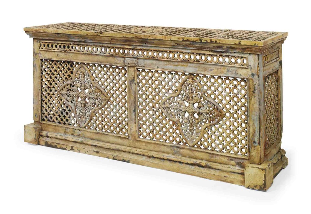 A VICTORIAN CREAM PAINTED CAST IRON RADIATOR COVER , BY SEWARD, PRESTON ...