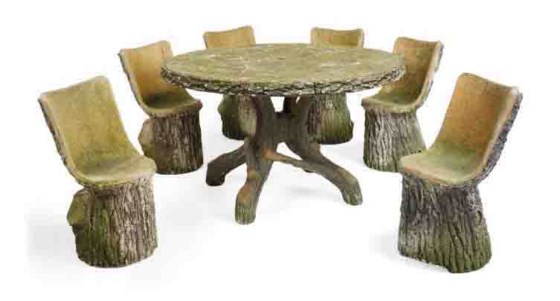 A SET OF SIX COMPOSITE-STONE GARDEN CHAIRS AND A MATCHING TABLE , 20TH ...