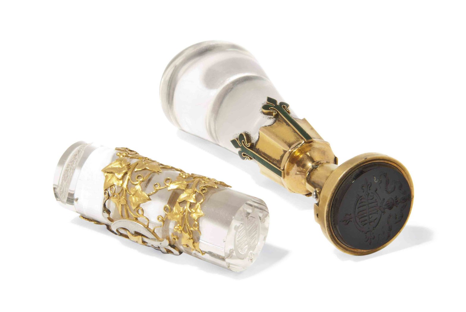 A FRENCH SILVER-GILT AND GREEN ENAMEL MOUNTED ROCK CRYSTAL SEAL ...