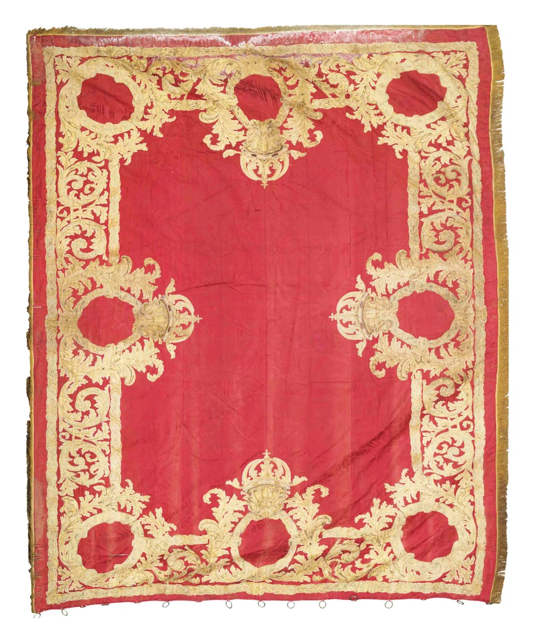 A LARGE COVER OF RED SILK DAMASK