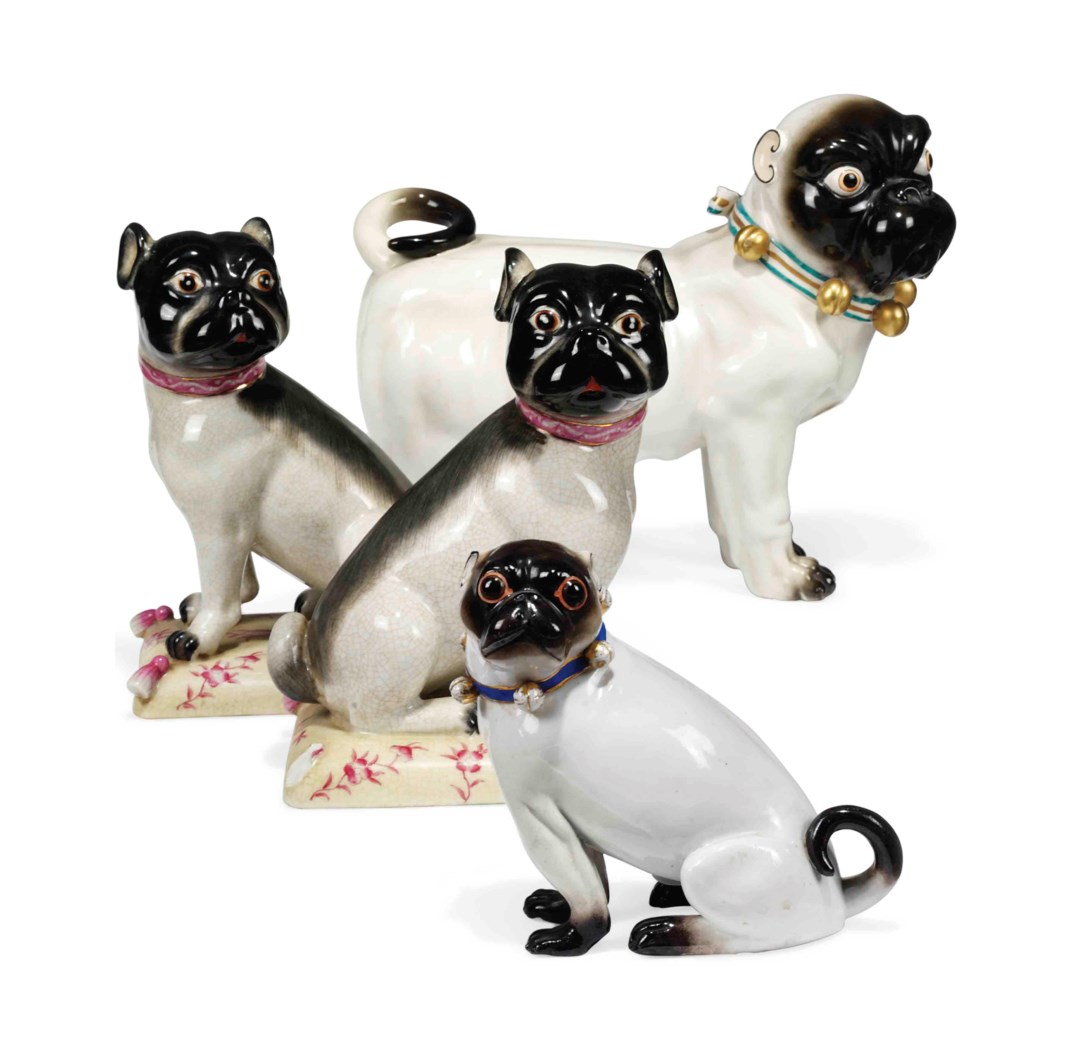 FOUR CONTINENTAL PORCELAIN MODELS OF PUGS , LATE 19TH AND 20TH CENTURY ...