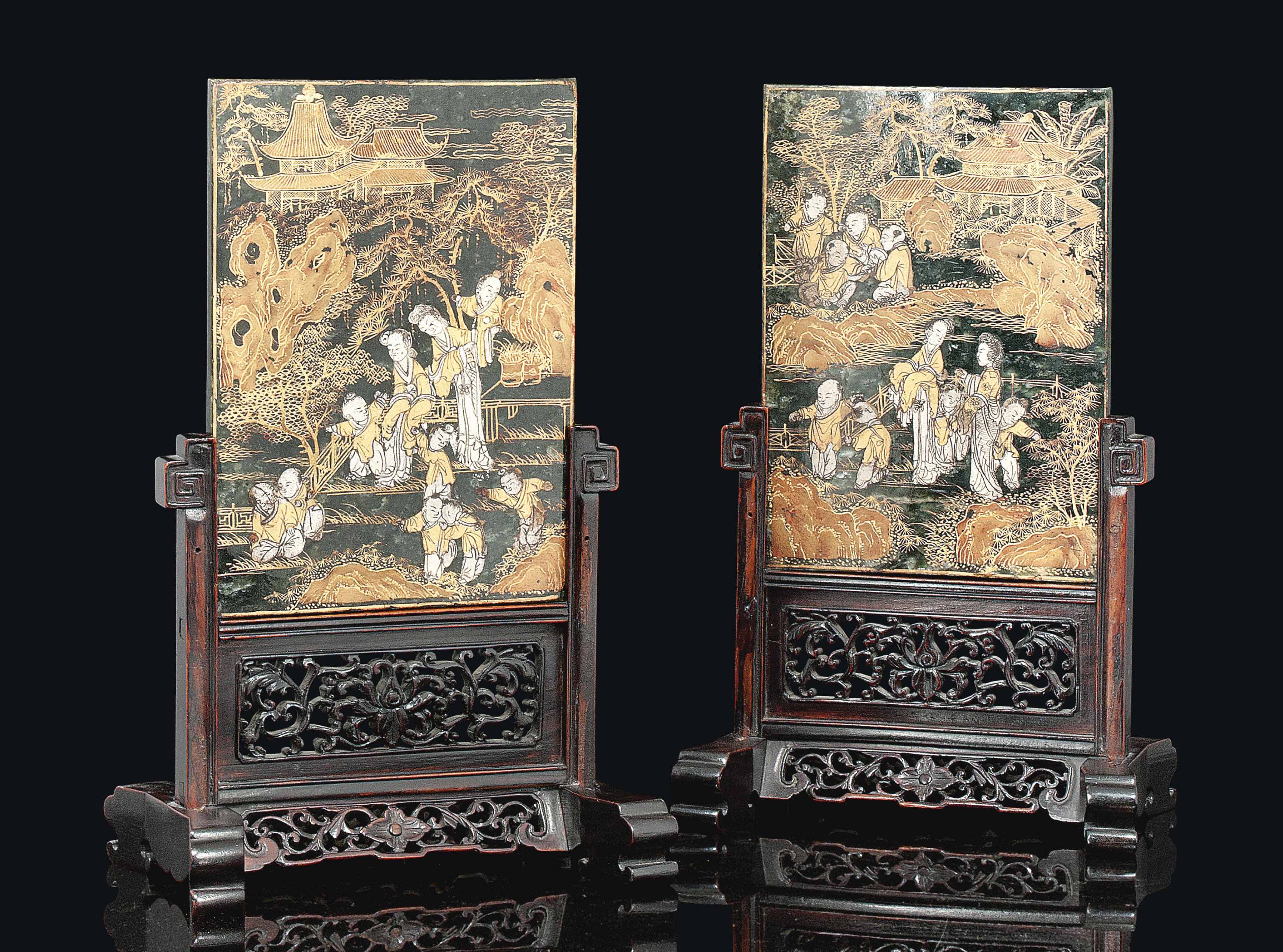 TWO CHINESE SPINACH JADE RECTANGULAR PANELS