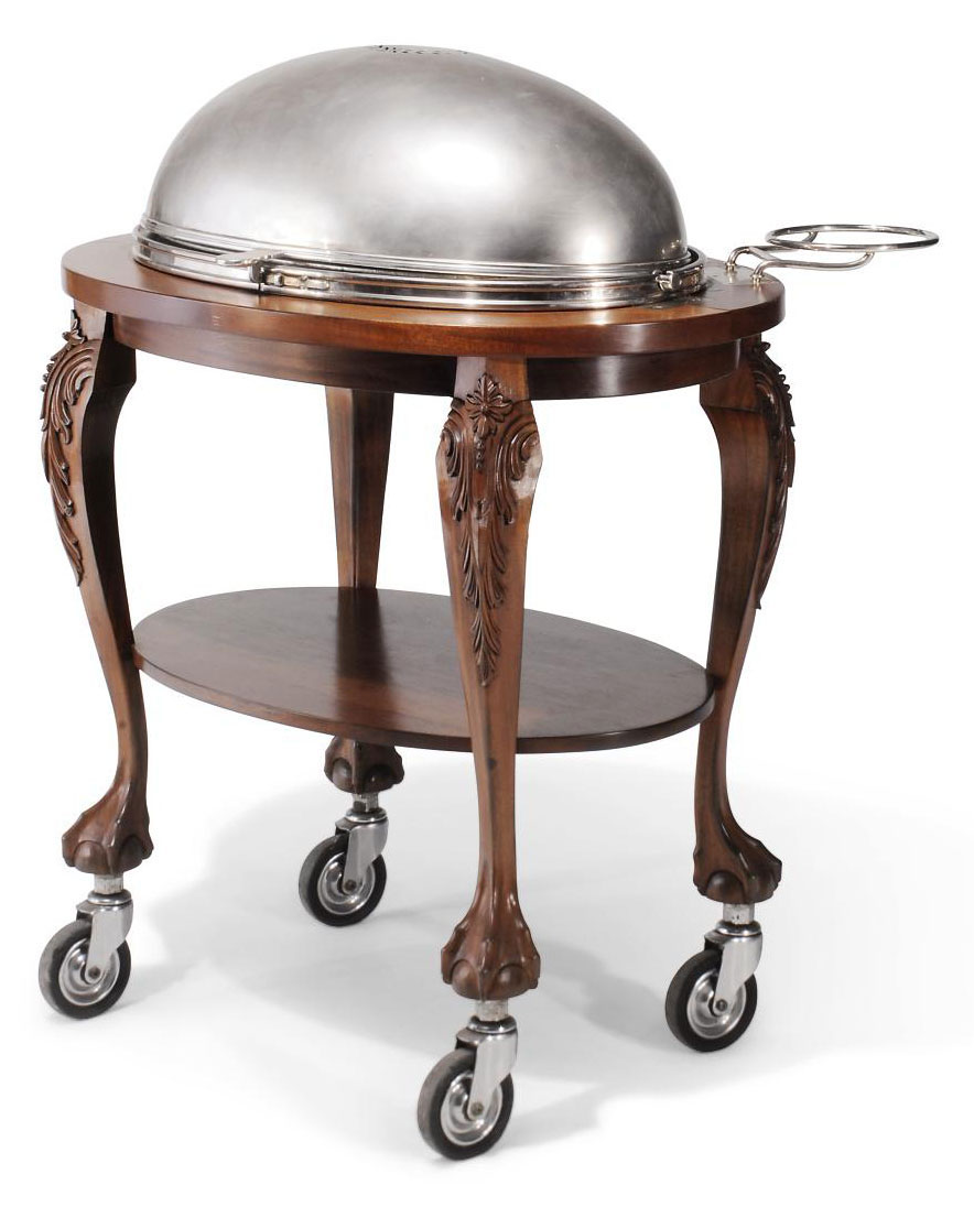 AN ENGLISH SILVER-PLATED AND MAHOGANY BEEF TROLLEY