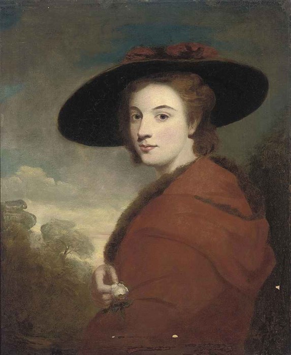 Follower of George Romney , Portrait of a lady, half-length, in a red ...