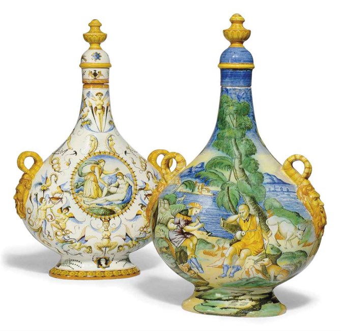 TWO ITALIAN MAIOLICA TWO-HANDLED PILGRIM-FLASKS AND STOPPERS , LATE ...