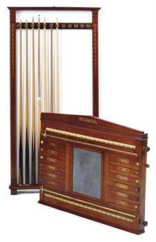 A LATE VICTORIAN MAHOGANY, BRASS AND SLATE MOUNTED BILLIARDS SCOREBOARD ...