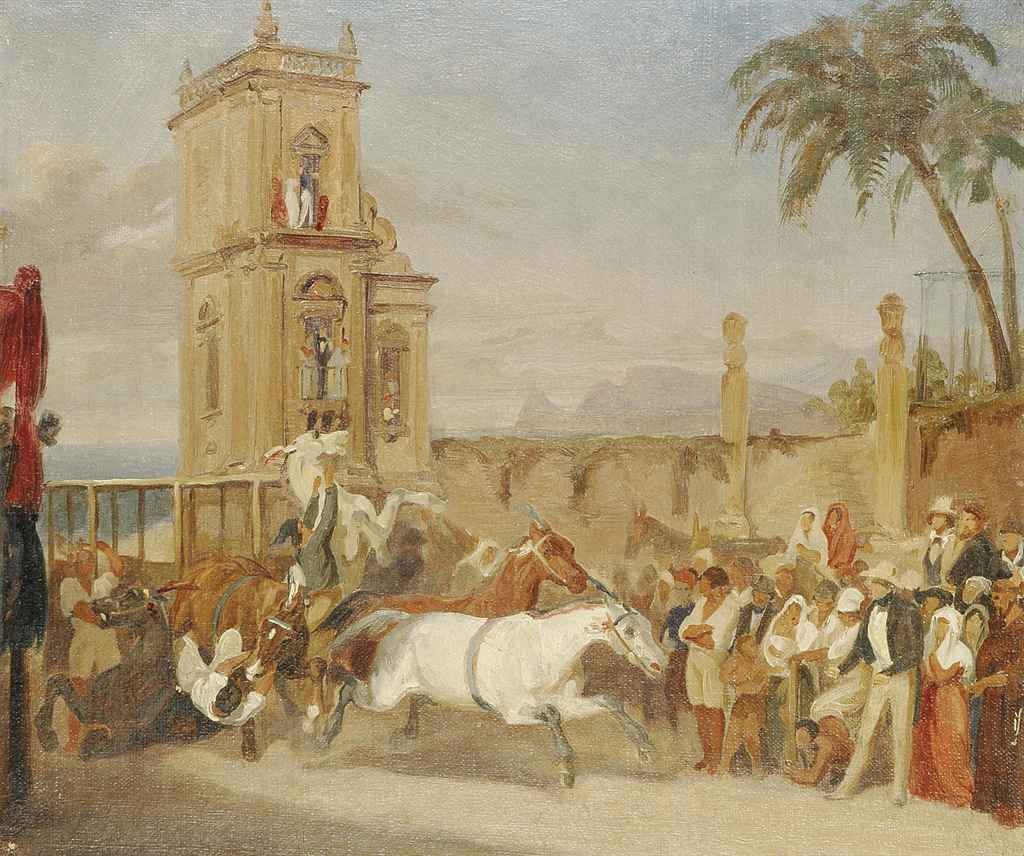 Attributed to Johann Moritz Rugendas (1802-1858) , Wild horses rearing ...