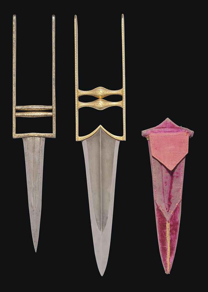 TWO GOLD DAMASCENED PUSH DAGGERS (KATARS)