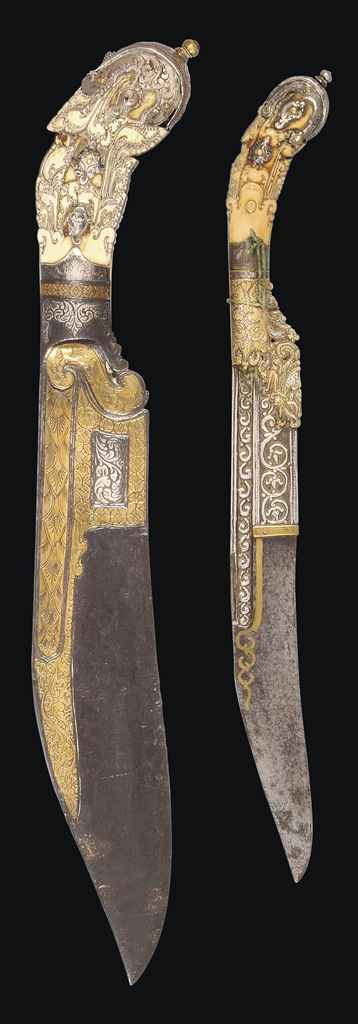 TWO FINE SINHALESE SILVER-GILT IVORY-HILTED DAGGERS , SRI LANKA, 18TH ...