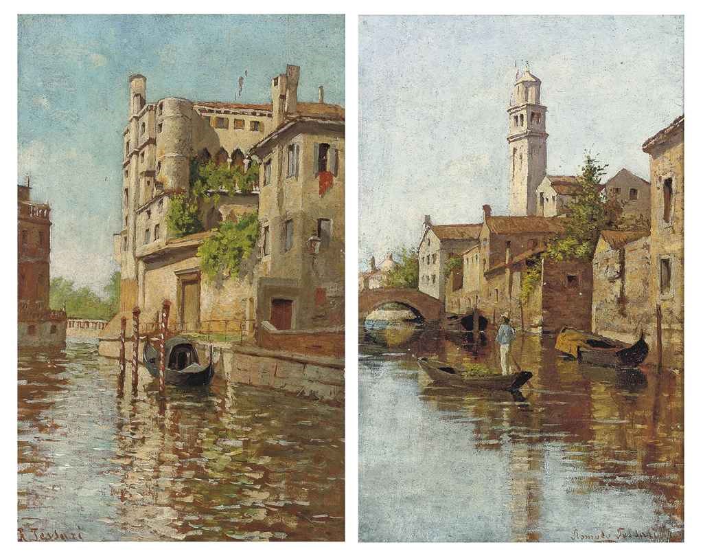 Romolo Tessari (ITALIAN, b.1868) , A gondolier on a Venetian backwater ...