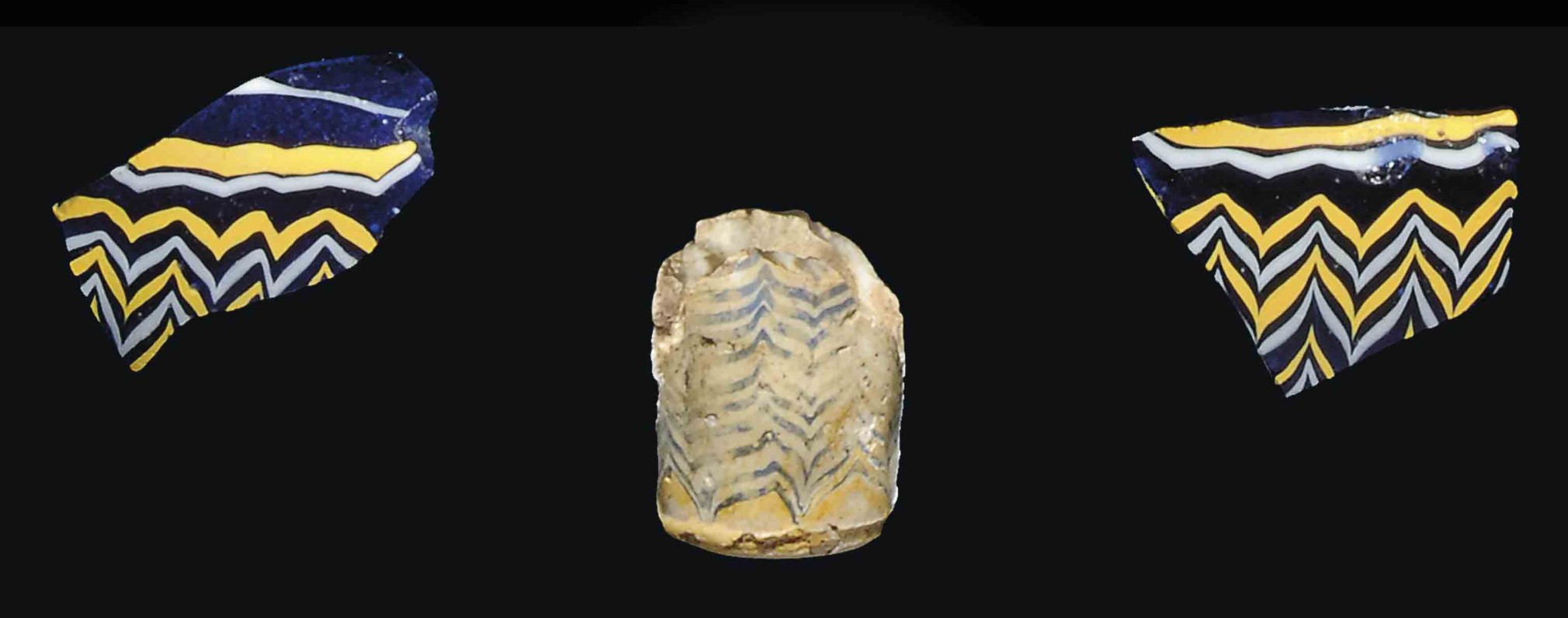 THREE EGYPTIAN CORE-FORMED BLUE, YELLOW AND WHITE GLASS VESSEL ...