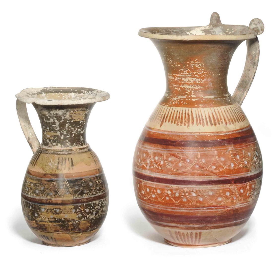 AN ETRUSCO-CORINTHIAN POTTERY OLPE , CIRCA LATE 7TH-EARLY 6TH CENTURY B ...
