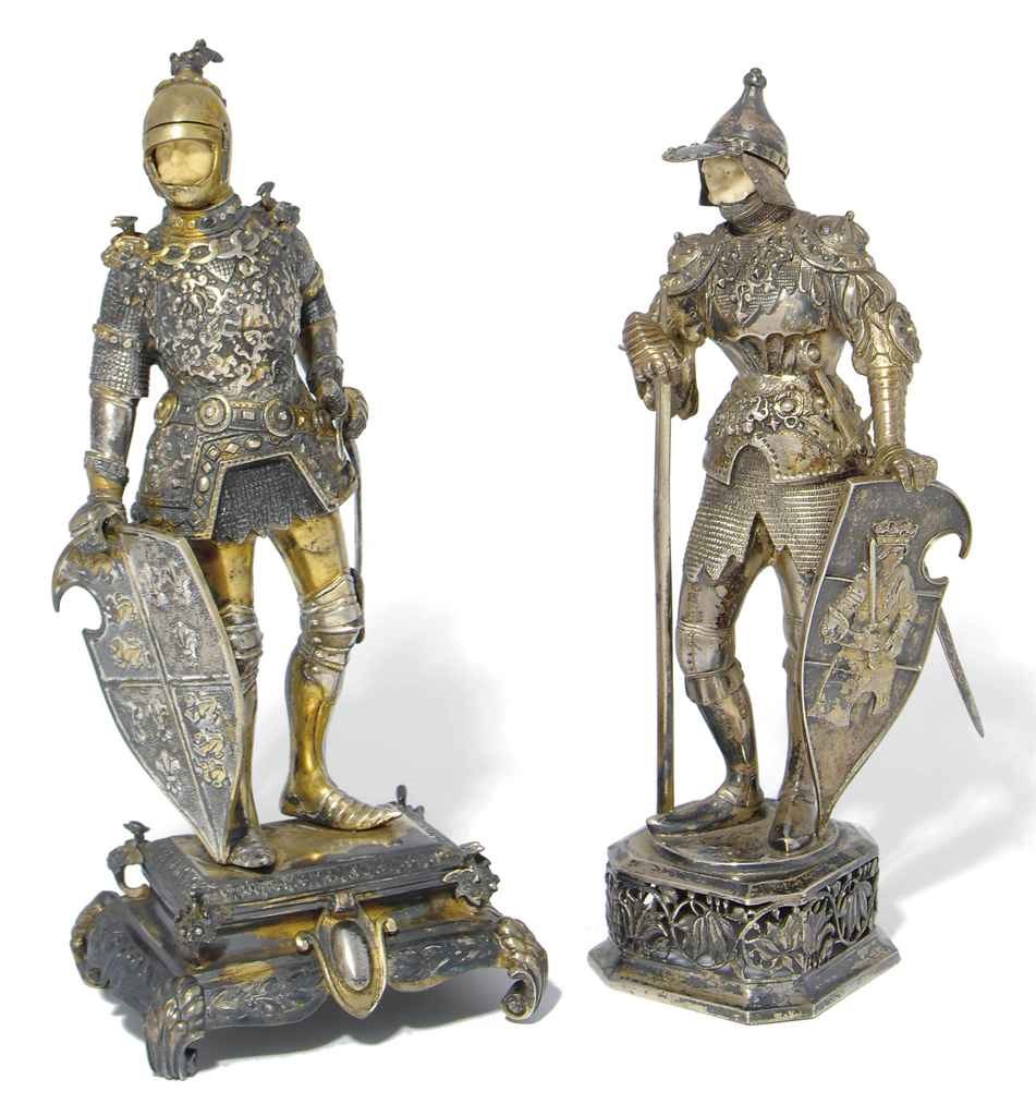 TWO GERMAN PARCEL-GILT SILVER MODELS OF MEDIEVAL KNIGHTS , HANAU, CIRCA ...