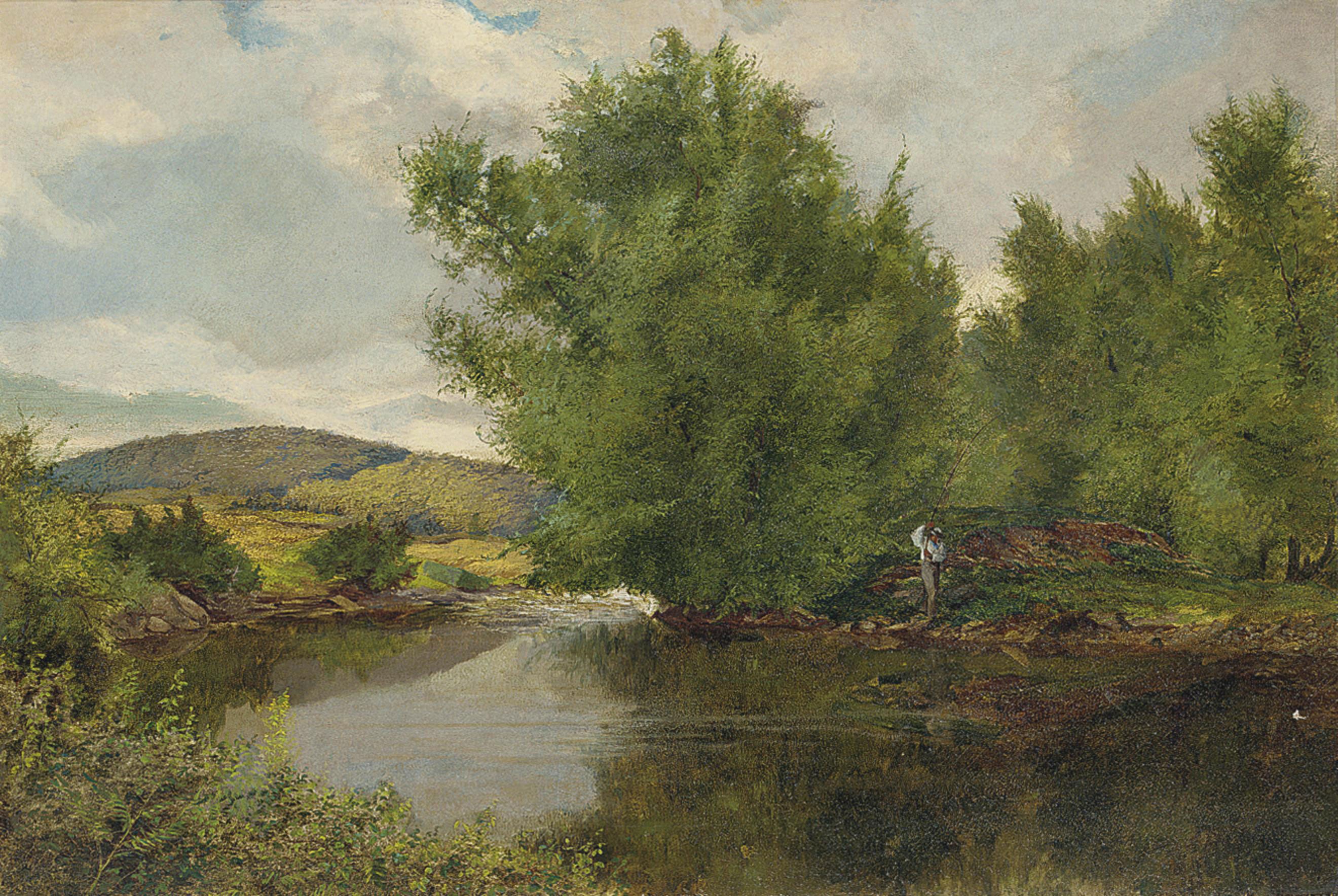 W. Lewis Fraser, 19th/20th Century , A river landscape with an angler ...