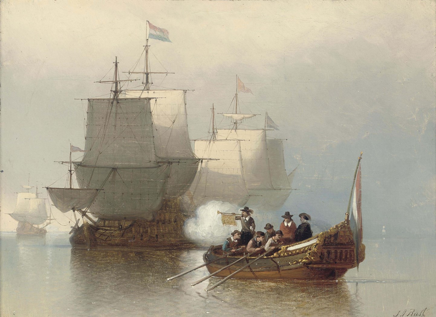 Johann Adolphe Rust (Amsterdam 1828-1915) , Saluting the arrival of a ...