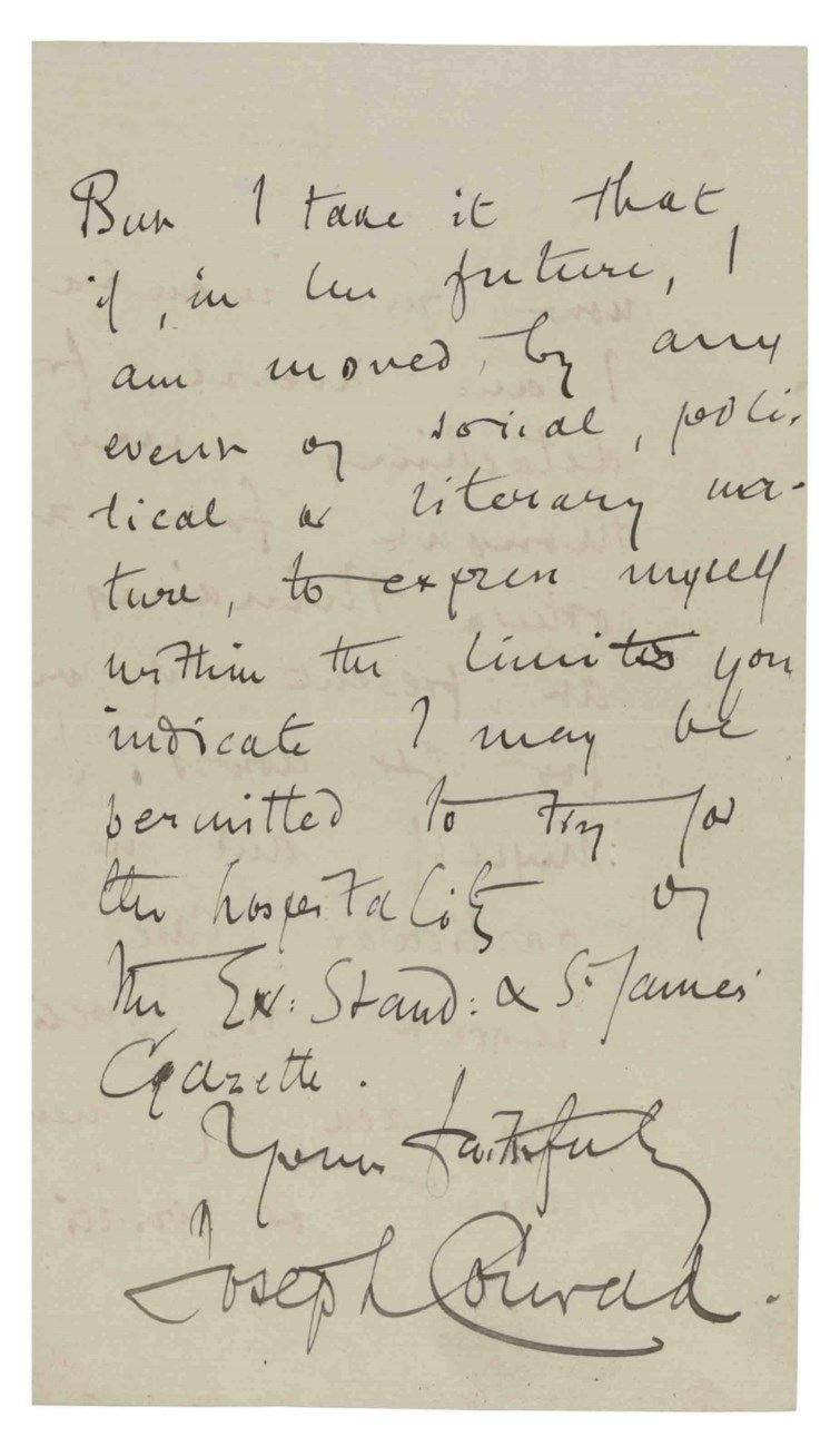 CONRAD, Joseph (1857-1924). Autograph letter signed ('Joseph Conrad ...