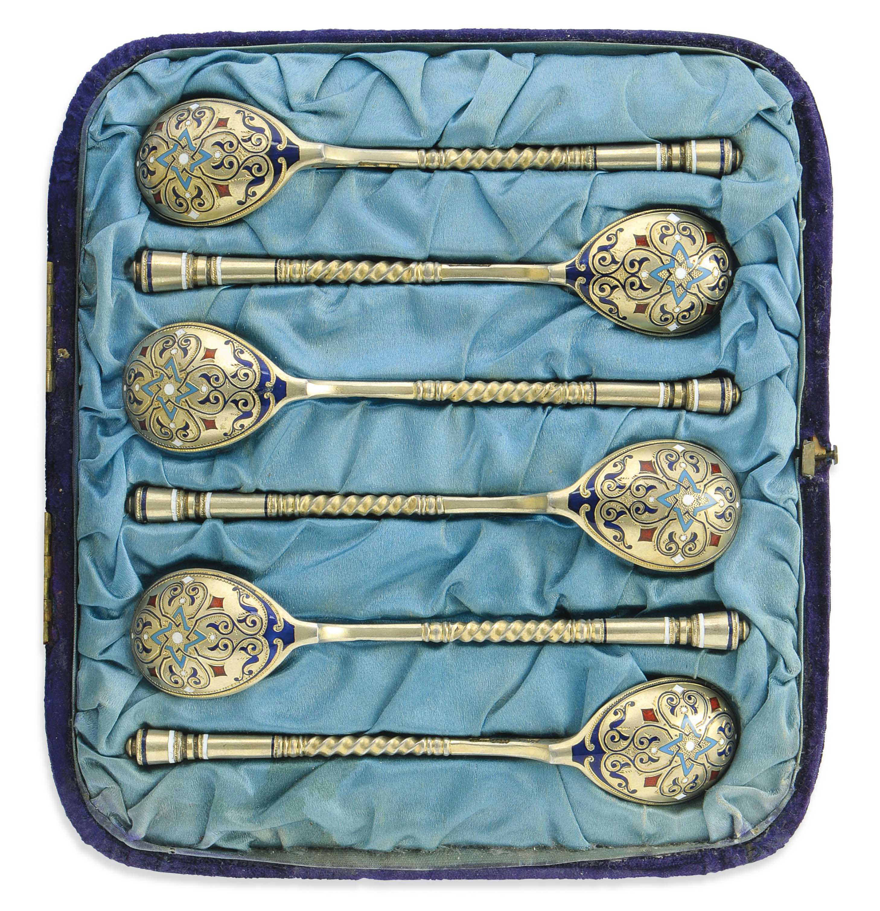 A SET OF SIX RUSSIAN SILVER-GILT AND CHAMPLEVE ENAMEL TEASPOONS