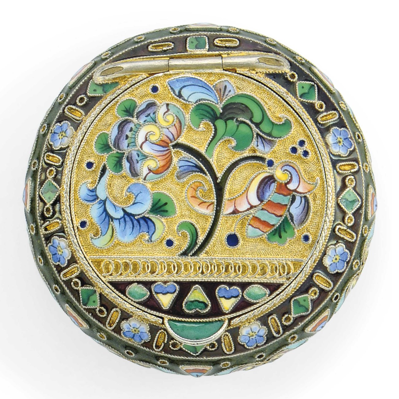 A RUSSIAN SILVER-GILT AND CLOISONNE ENAMEL PILL BOX , MARK OF BIP ...